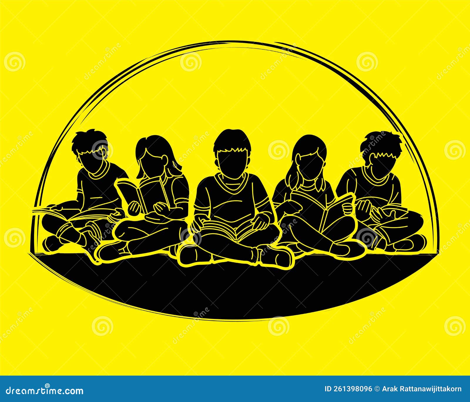 Group of Children Reading Books Together Cartoon Education Graphic ...