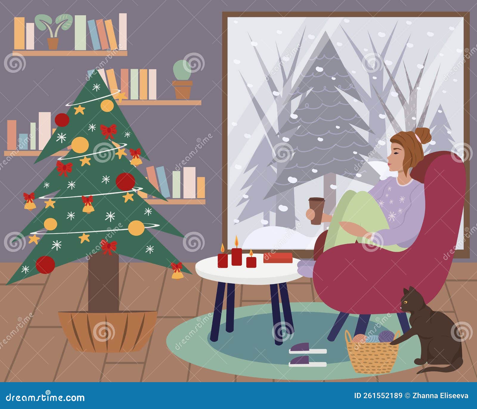 Illustration with a Woman at the Christmas Tree Stock Vector ...