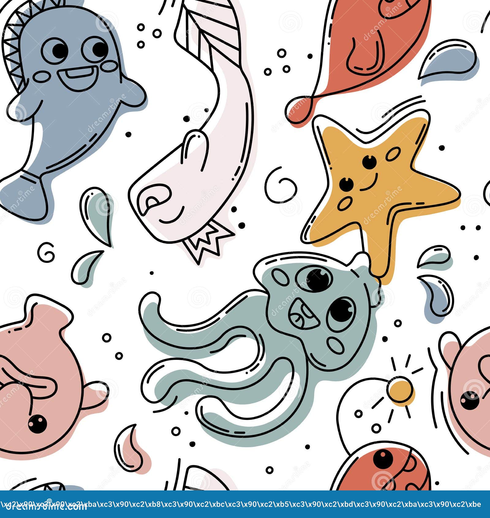 Hand-drawn Seamless Doodle Pattern of Doodle Colored Fish, Jellyfish ...