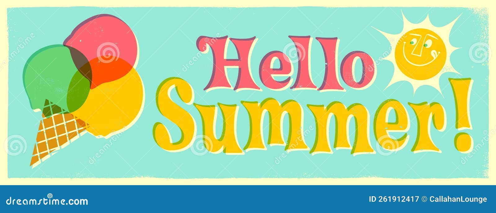 Hello Summer! Vintage Style Vector Sign with an Ice Cream on a Sunny ...
