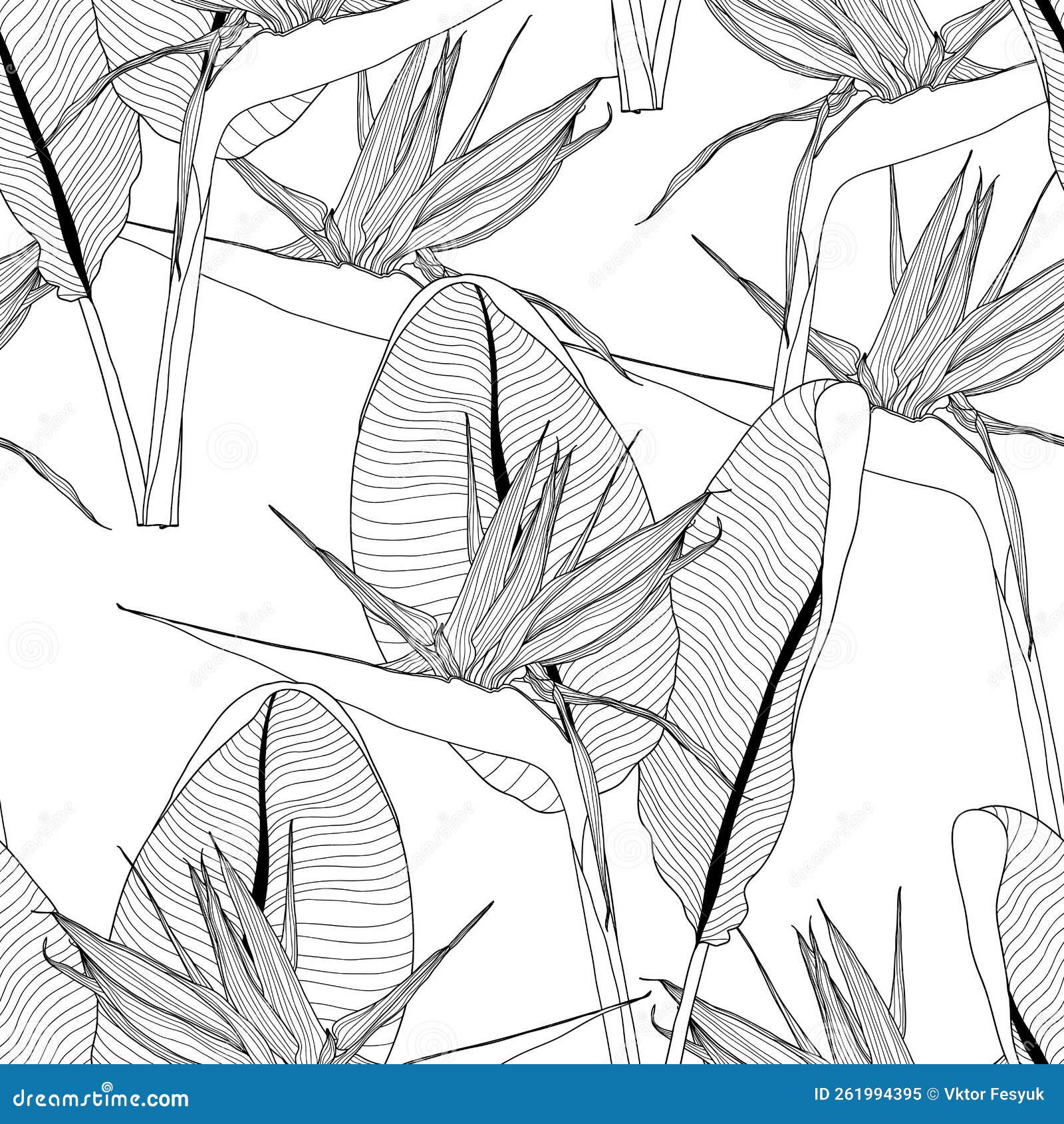 Graphic Strelitzia Seamless Pattern. Vector Exotic Leaves and Flowers ...