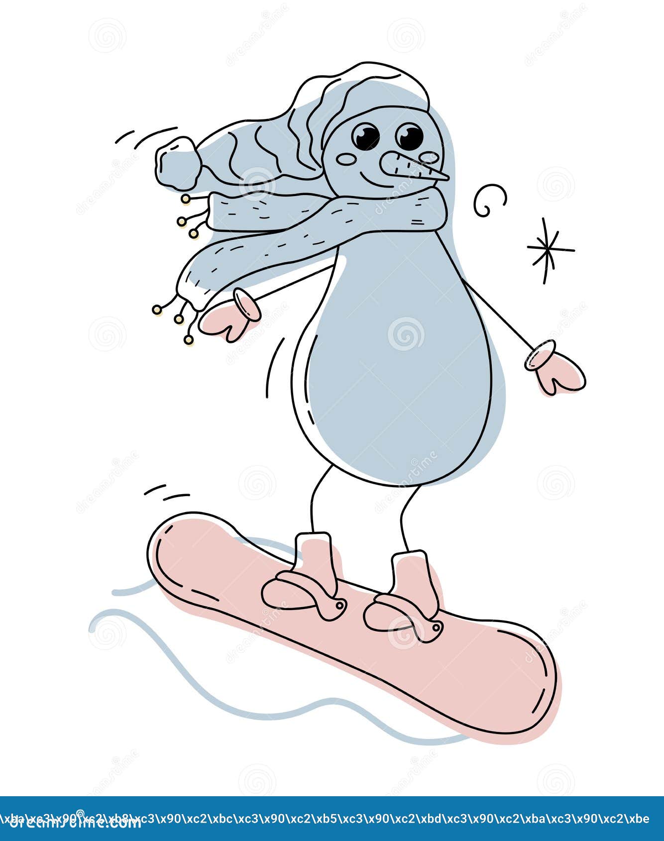 Snowboarding Doodle Snowman Isolated on a White Background. Stock ...