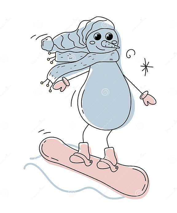 Snowboarding Doodle Snowman Isolated on a White Background. Stock ...