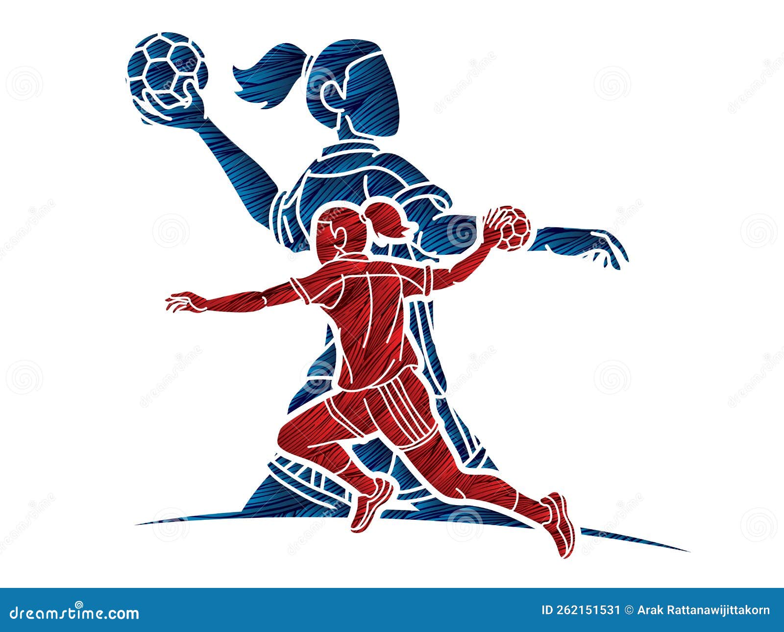 Group of Handball Players Female Mix Action Cartoon Sport Team Graphic ...