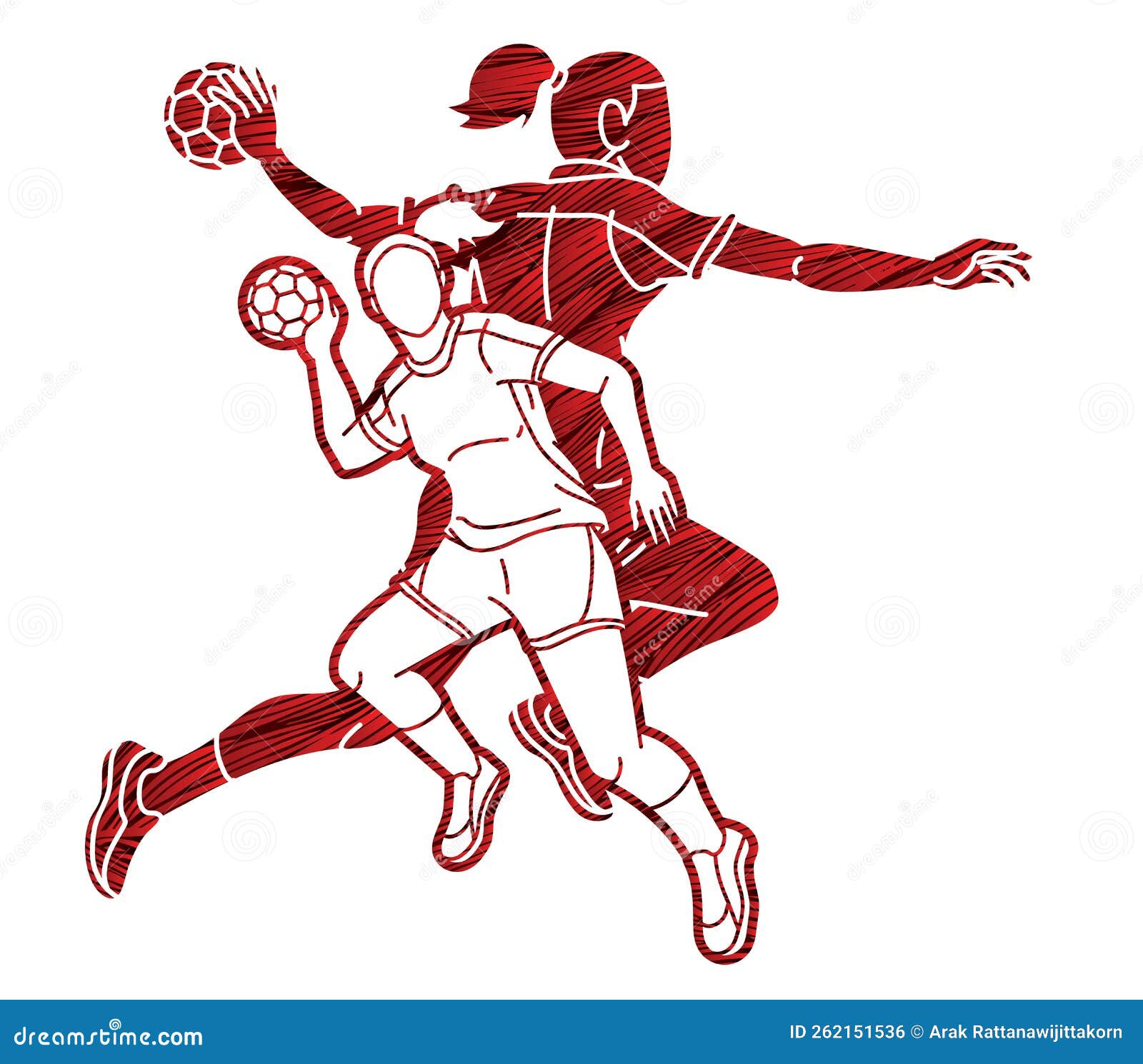 Group of Handball Players Female Mix Action Cartoon Sport Team Graphic ...