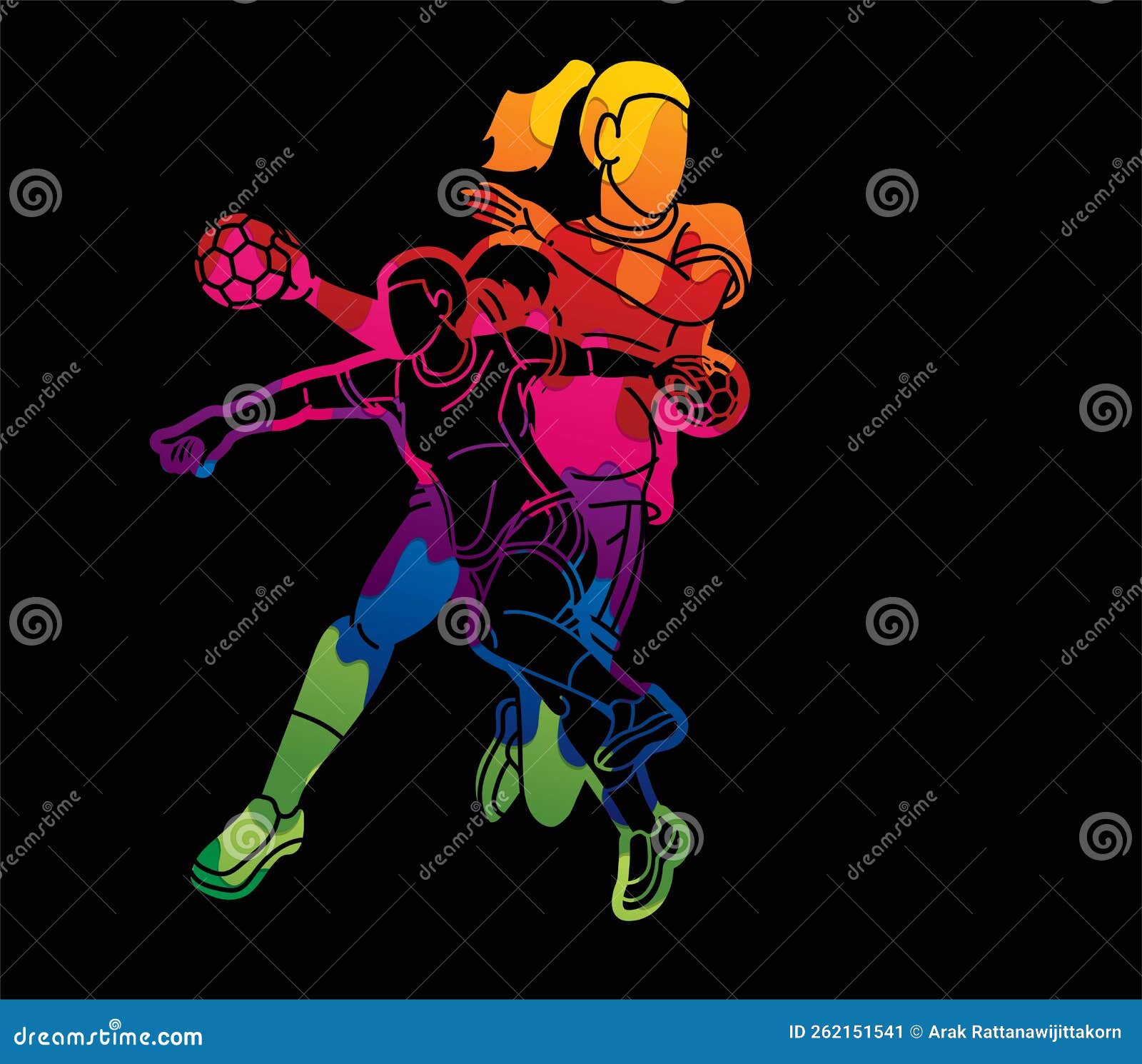Group of Handball Players Female Mix Action Cartoon Sport Team Graphic ...
