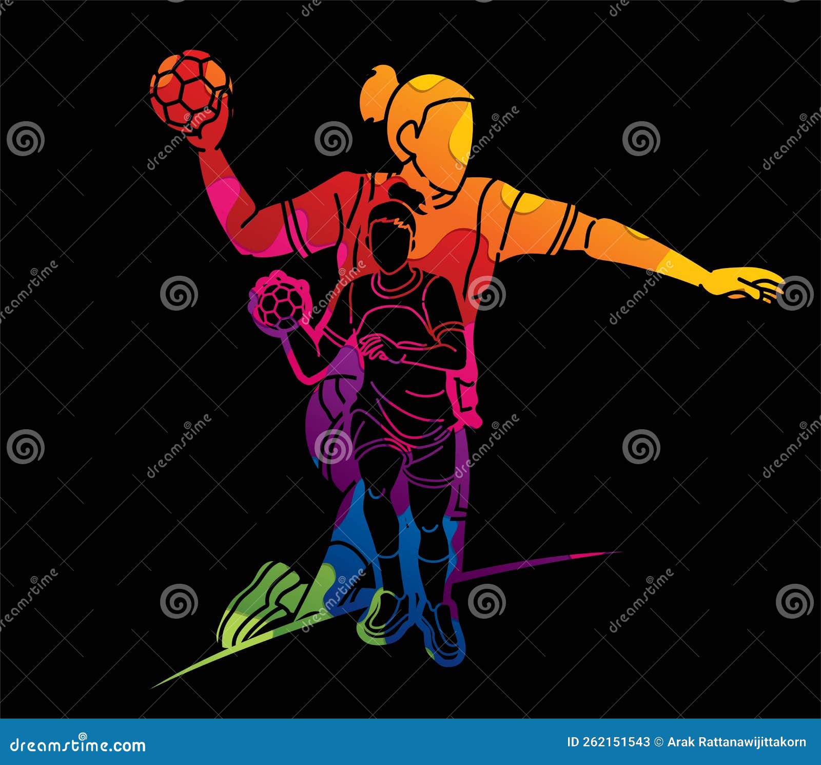 Group of Handball Players Female Mix Action Cartoon Sport Team Graphic ...