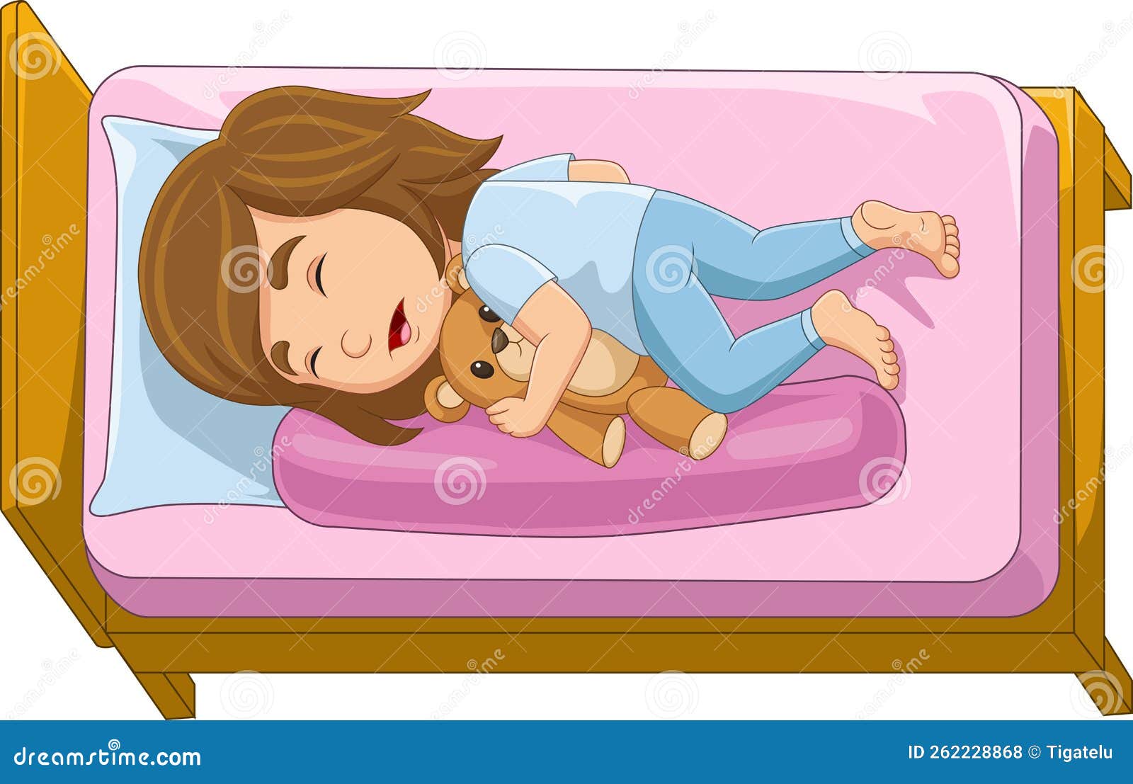 Cartoon Little Girl Sleeping with Stuffed Bear in Bed Stock Vector ...