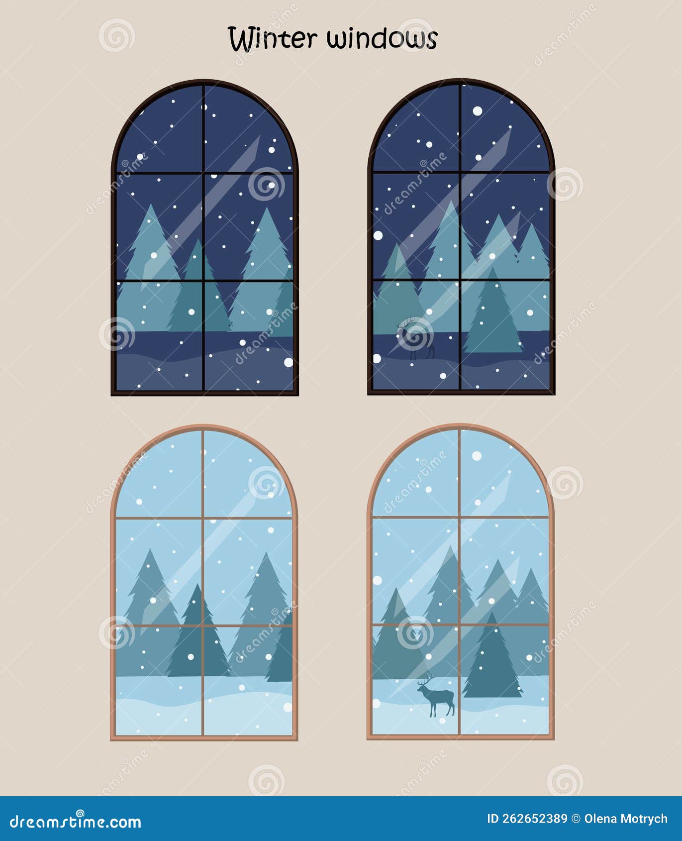 Vector Big Windows with Winter Landscape. Beautiful Christmas Interior ...
