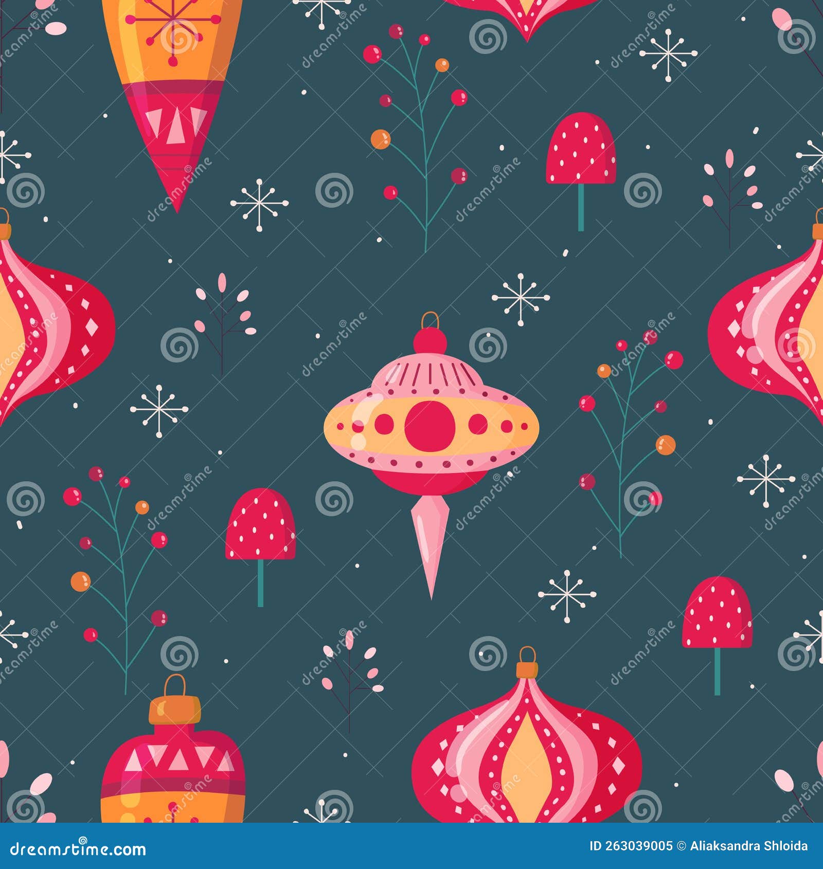Colorful Christmas Pattern with Retro Christmas Tree Decorations Stock ...
