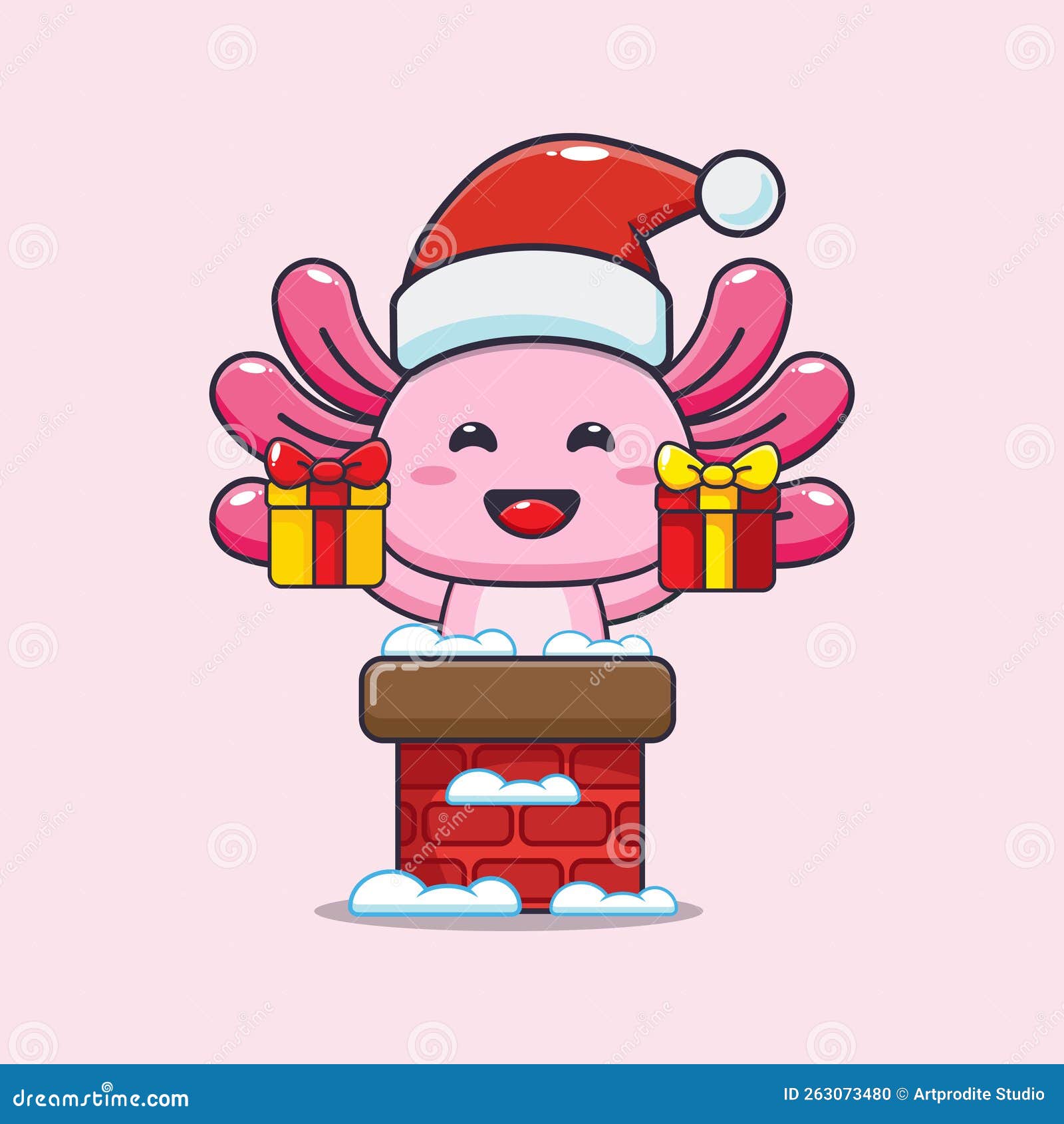 Cute Axolotl with Santa Hat in the Chimney. Stock Vector - Illustration ...