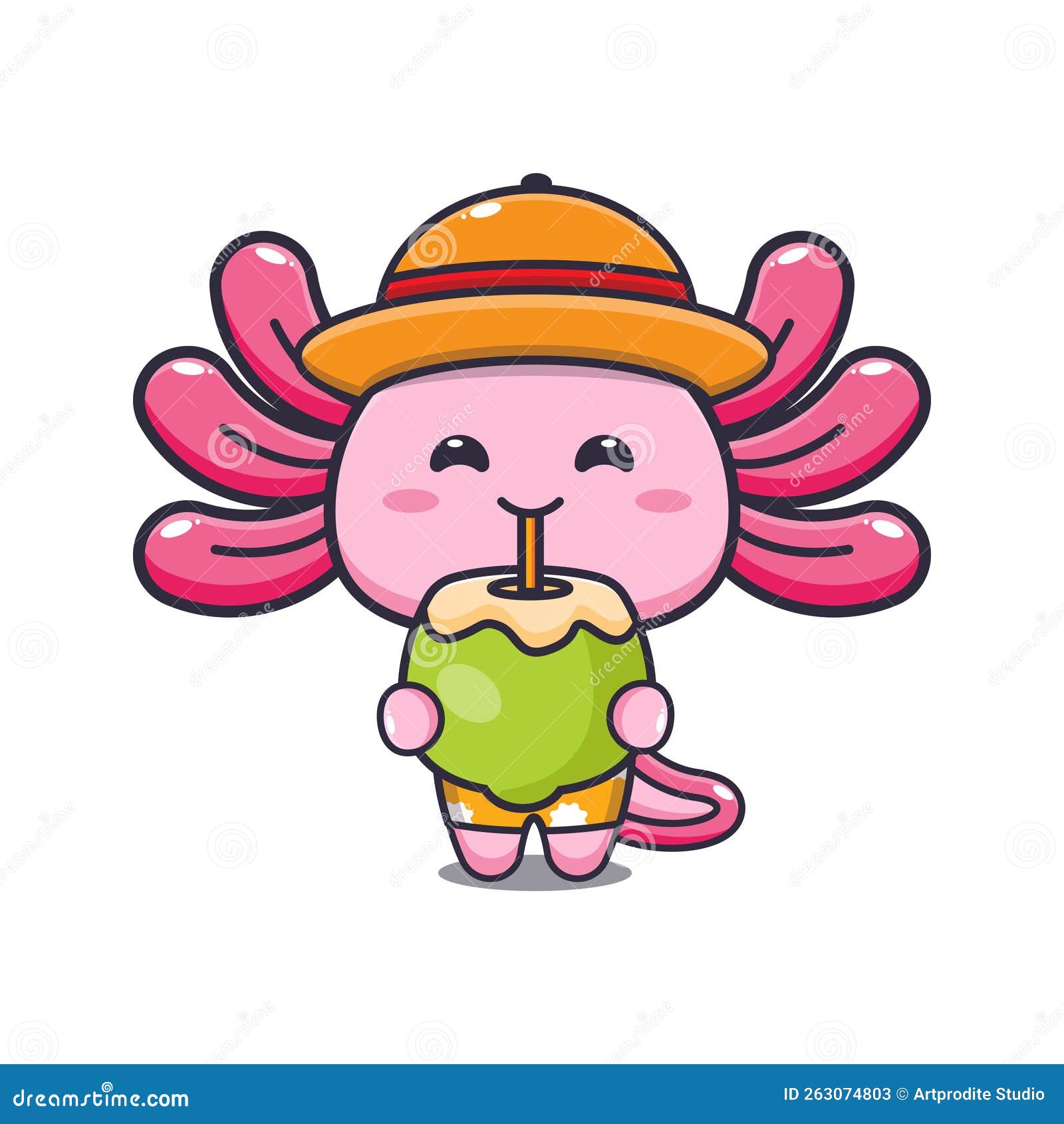 Cute Axolotl Cartoon Mascot Character Drink Fresh Coconut. Stock Vector ...