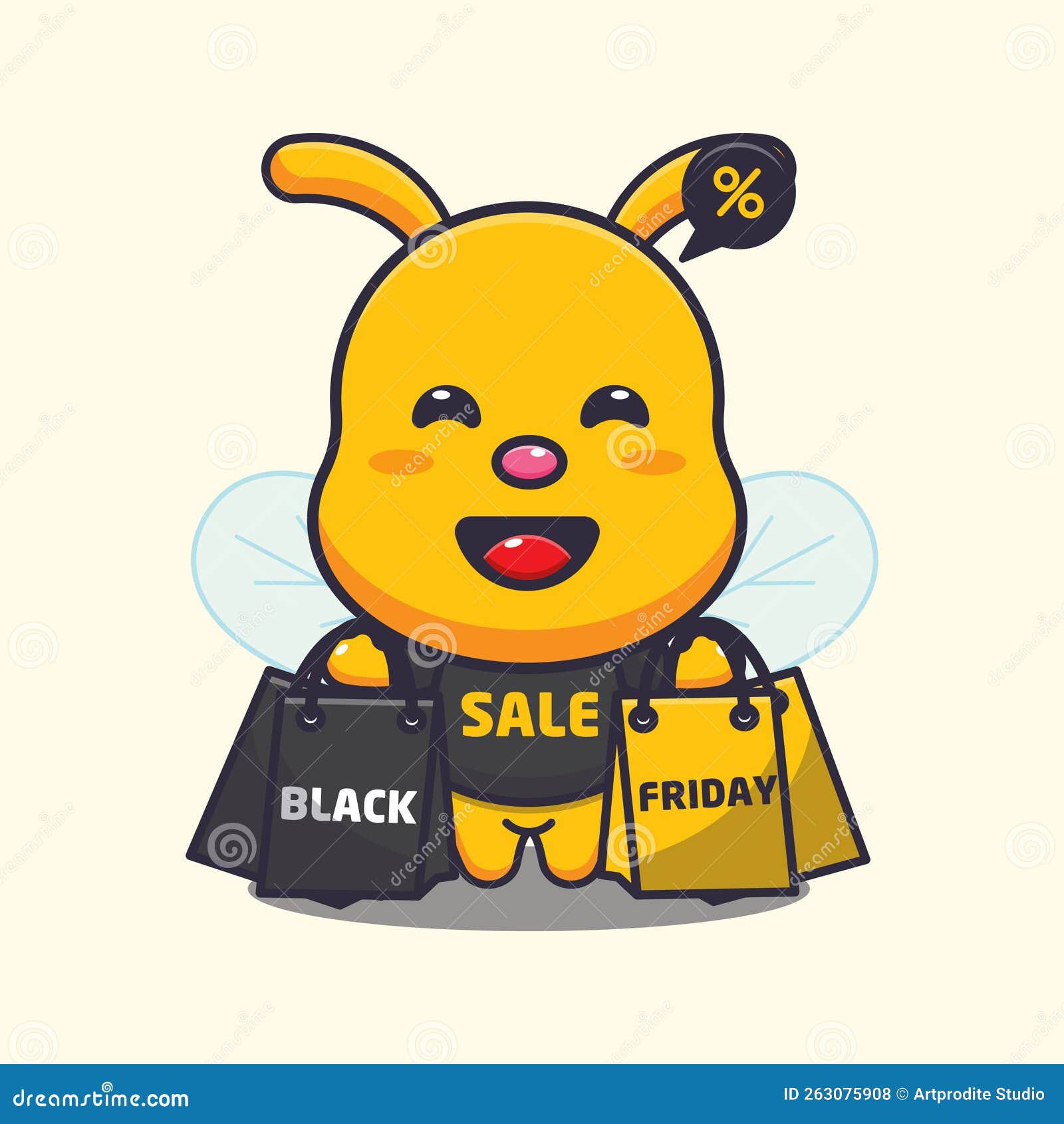 Cute Bee Shopping in Black Friday Cartoon Illustration. Stock Vector ...