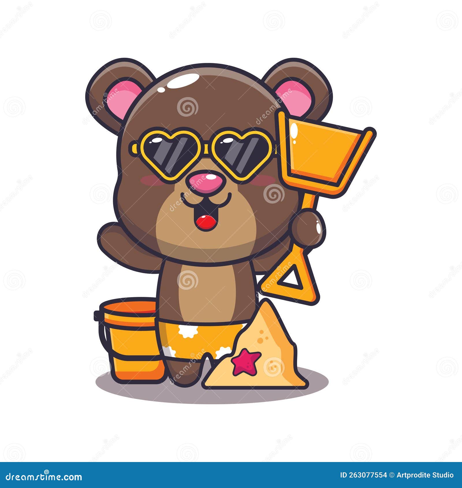Cute Bear Cartoon Mascot Character in Sunglasses Play Sand Beach. Stock ...