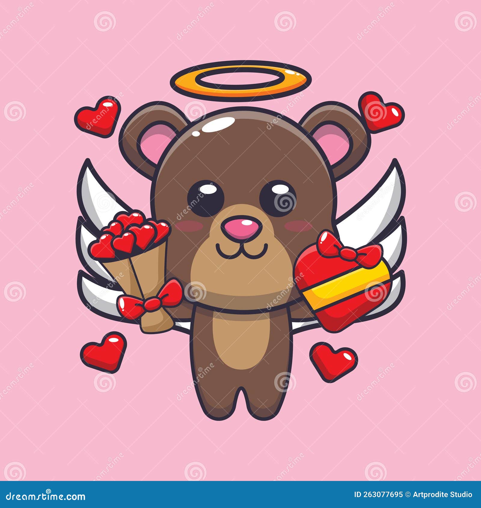 Cute Cupid Bear Cartoon Character Holding Love Gift and Love Bouquet ...