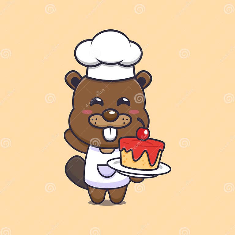 Cute Chef Beaver Mascot Cartoon Character with Cake. Stock Vector ...