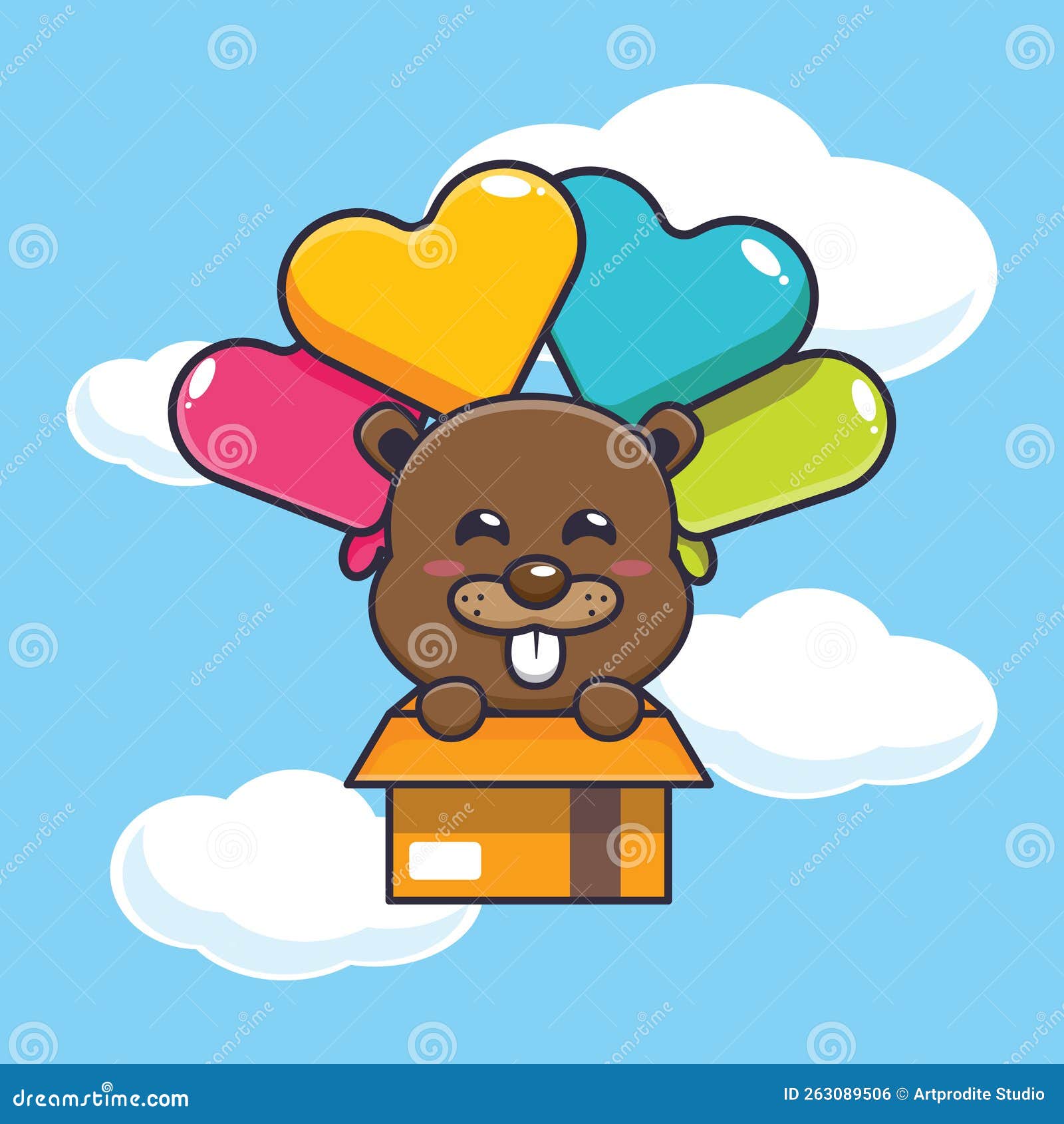 Cute Beaver Mascot Cartoon Character Fly with Balloon. Stock Vector ...