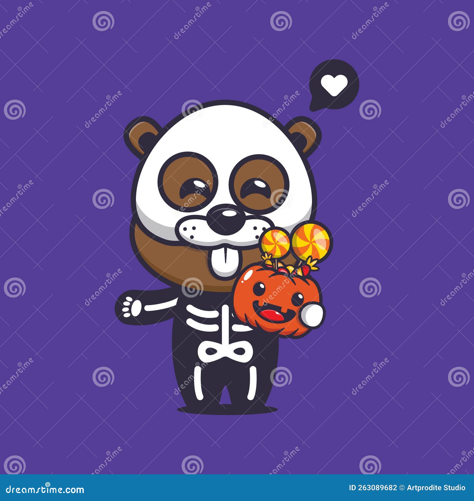 Cute Beaver with Skeleton Costume Holding Halloween Pumpkin. Stock ...