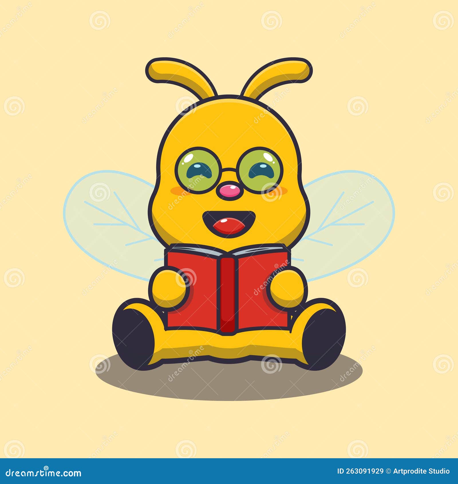 Cute Bee Reading a Book Cartoon Mascot Illustration. Stock Vector ...