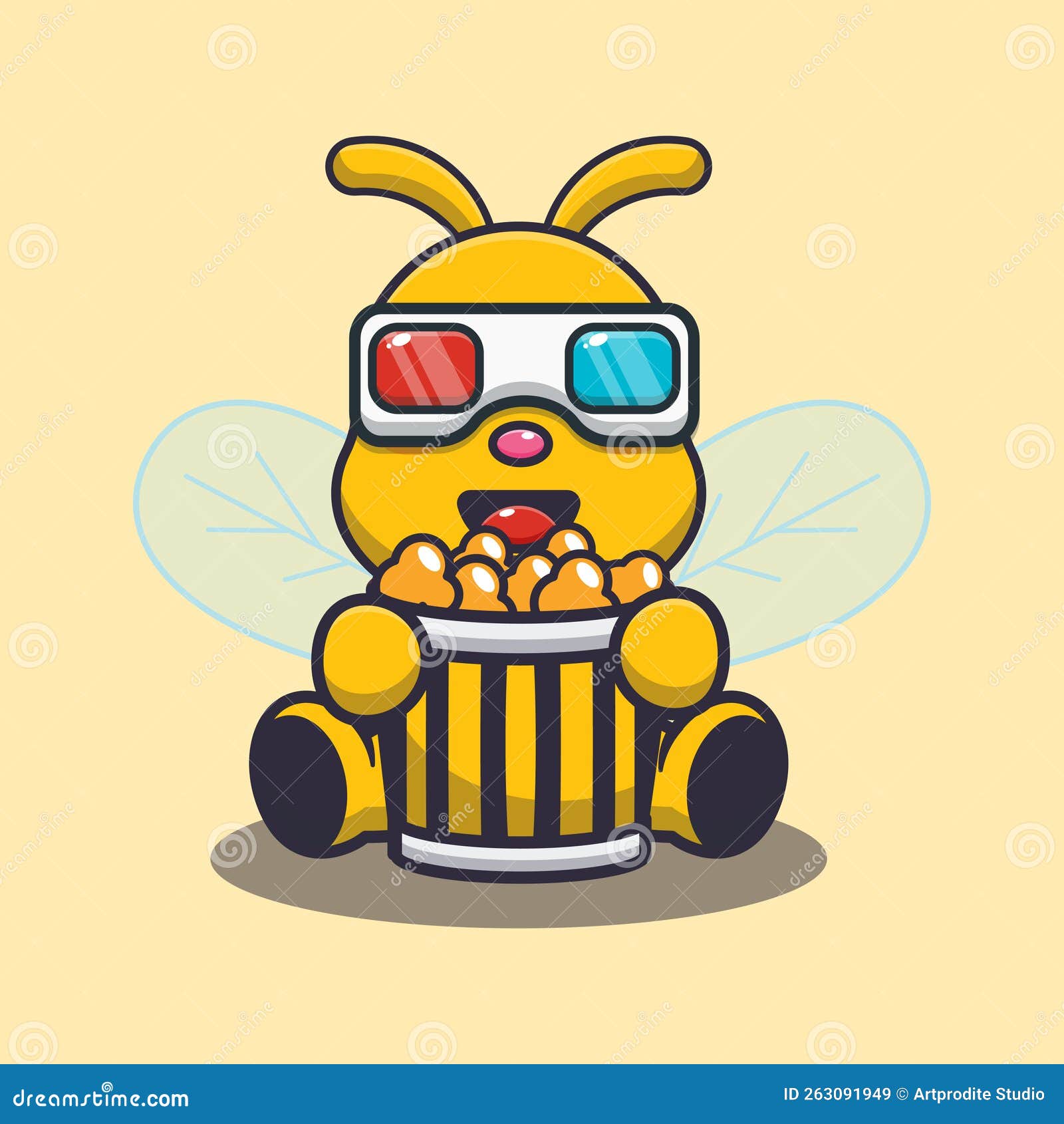 Cute Bee Eating Popcorn and Watch 3d Movie Cartoon Mascot Illustration ...