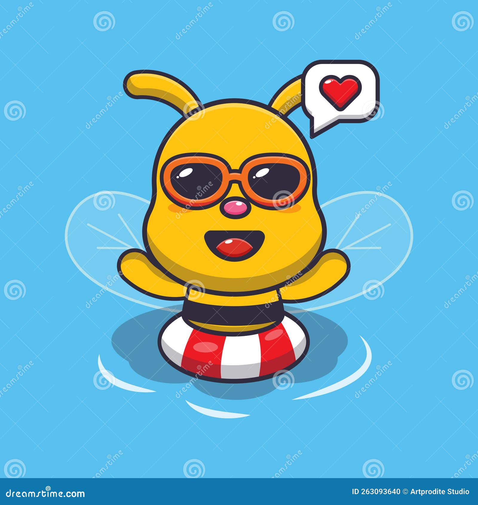 Cute Bee Cartoon Mascot Character in Sunglasses Swim in Beach on Buoy ...