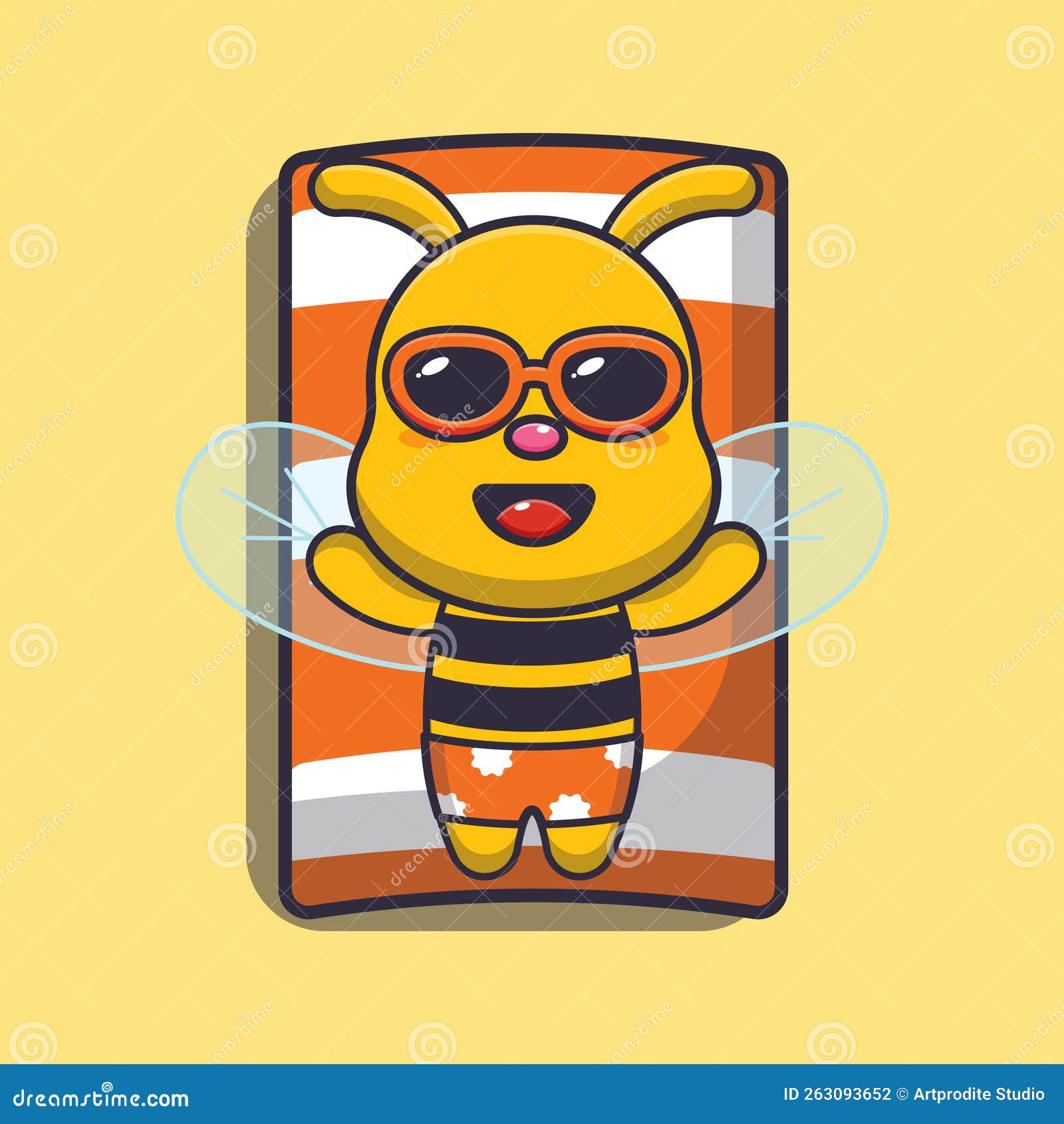 Cute Bee Cartoon Mascot Character in Sunglasses Sleep on Beach. Stock ...