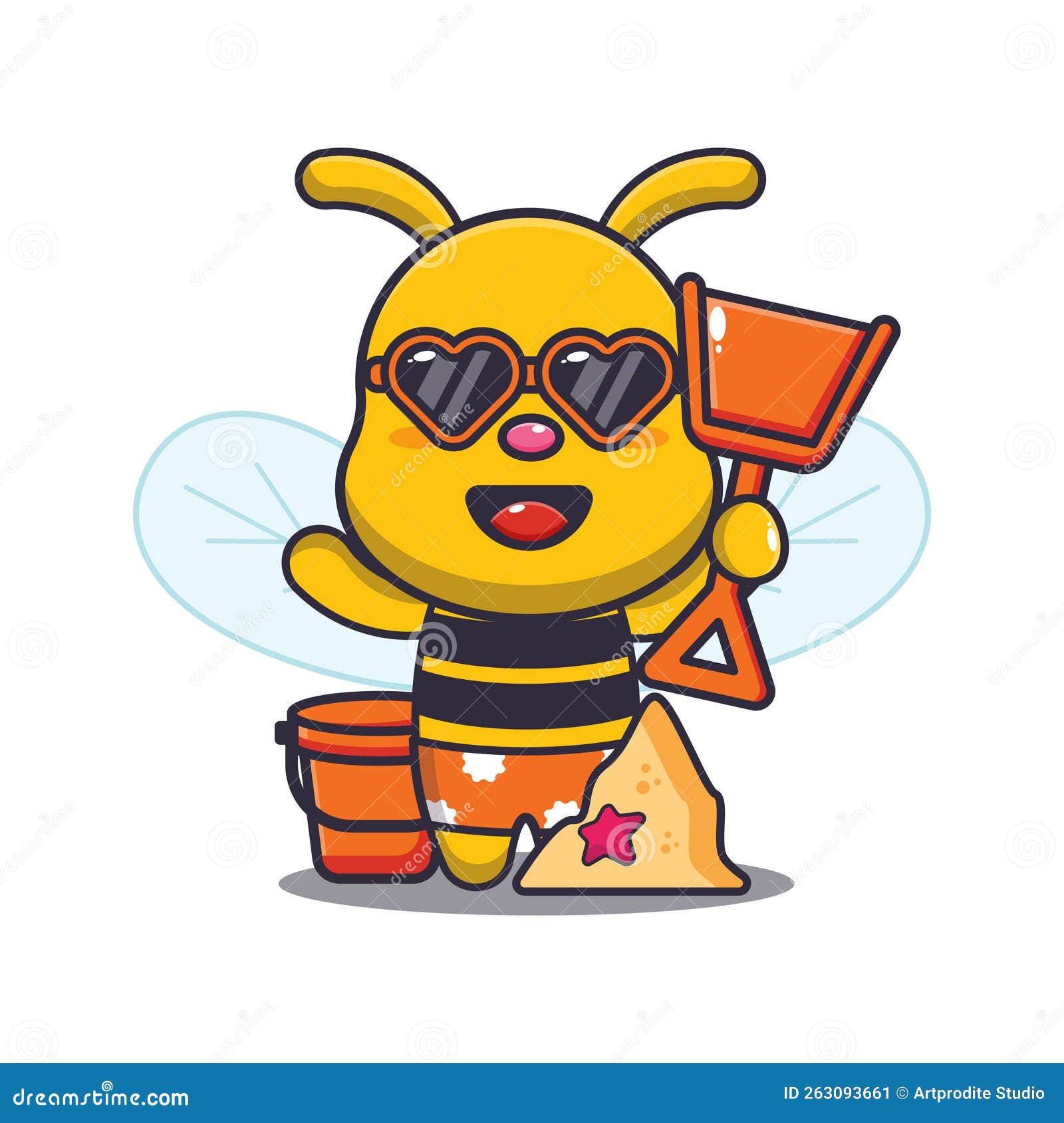 Cute Bee Cartoon Mascot Character in Sunglasses Play Sand Beach. Stock ...