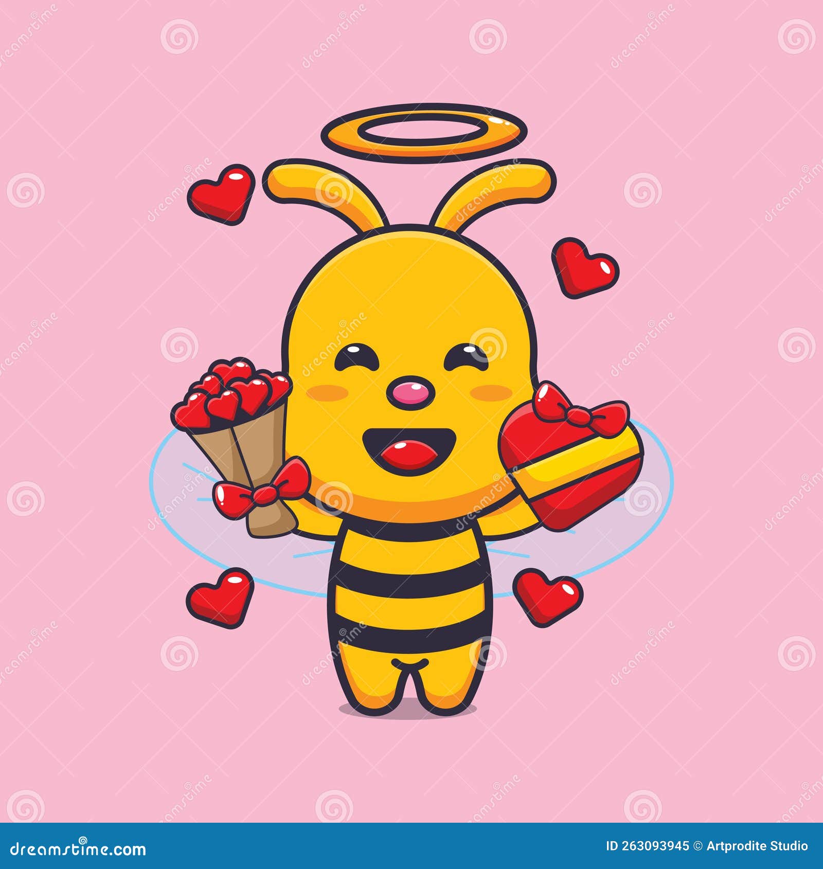 Cute Cupid Bee Cartoon Character Holding Love Gift and Love Bouquet ...