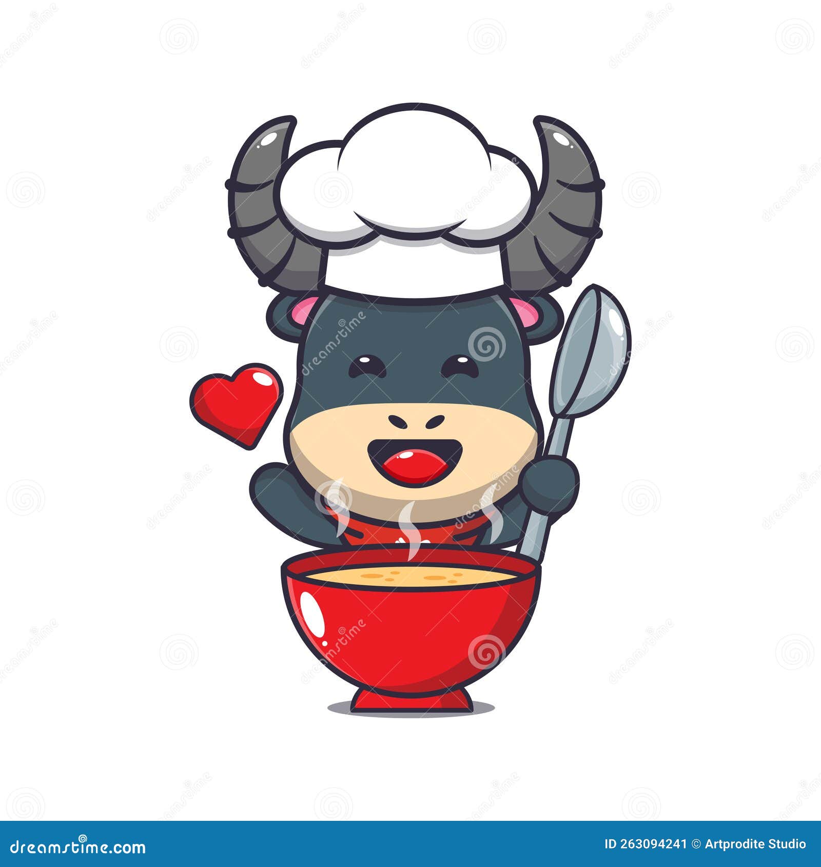 Cute Chef Buffalo Mascot Cartoon Character with Soup. Stock Vector ...