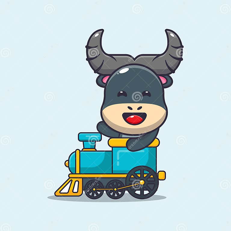 Cute Buffalo Mascot Cartoon Character Ride on Train. Stock Vector ...