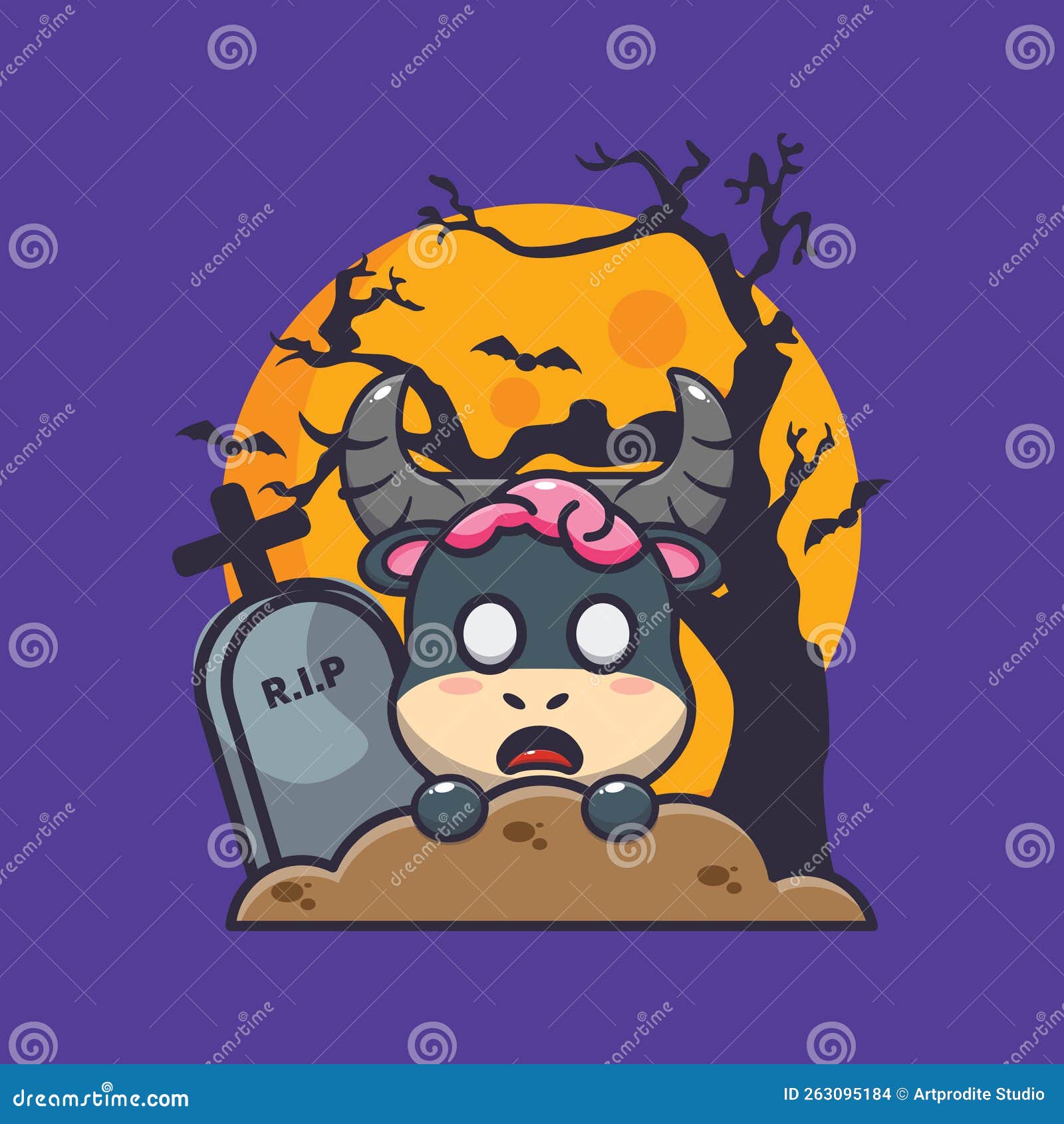 Cute Zombie Buffalo Rise from Graveyard in Halloween Day. Stock Vector ...