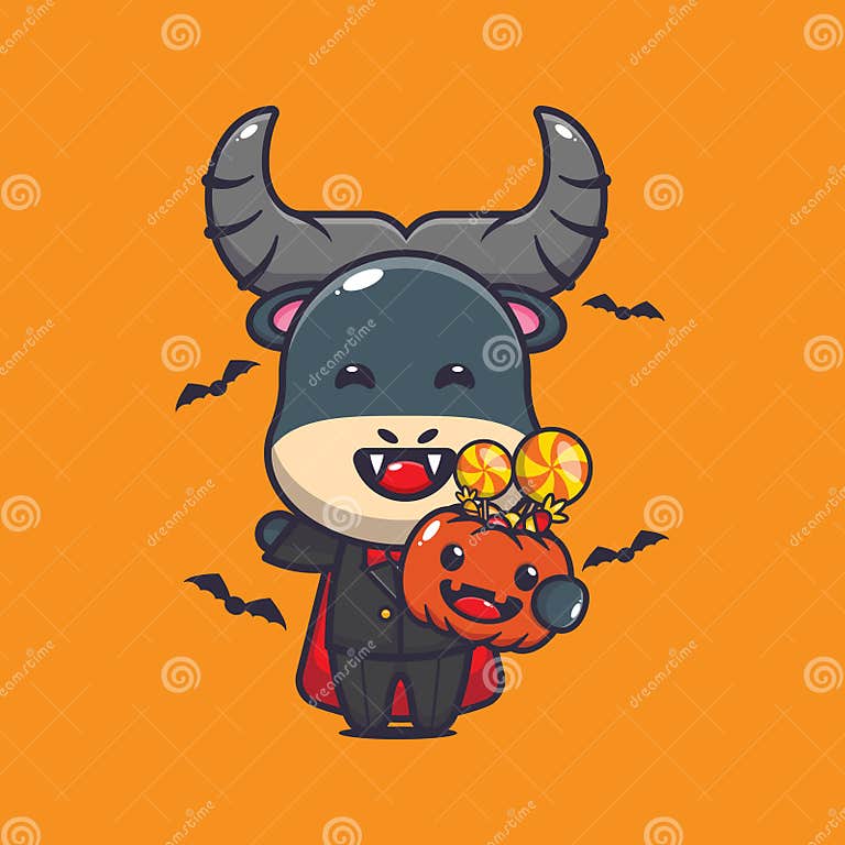 Cute Vampire Buffalo Holding Halloween Pumpkin. Stock Vector ...