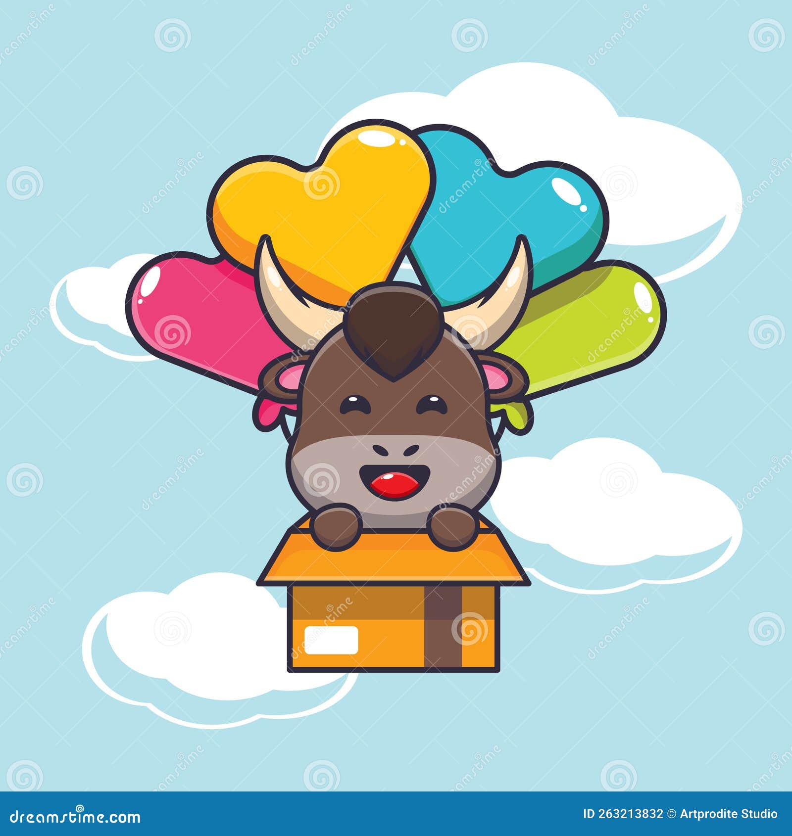 Cute Bull Mascot Cartoon Character Fly with Balloon. Stock Vector ...