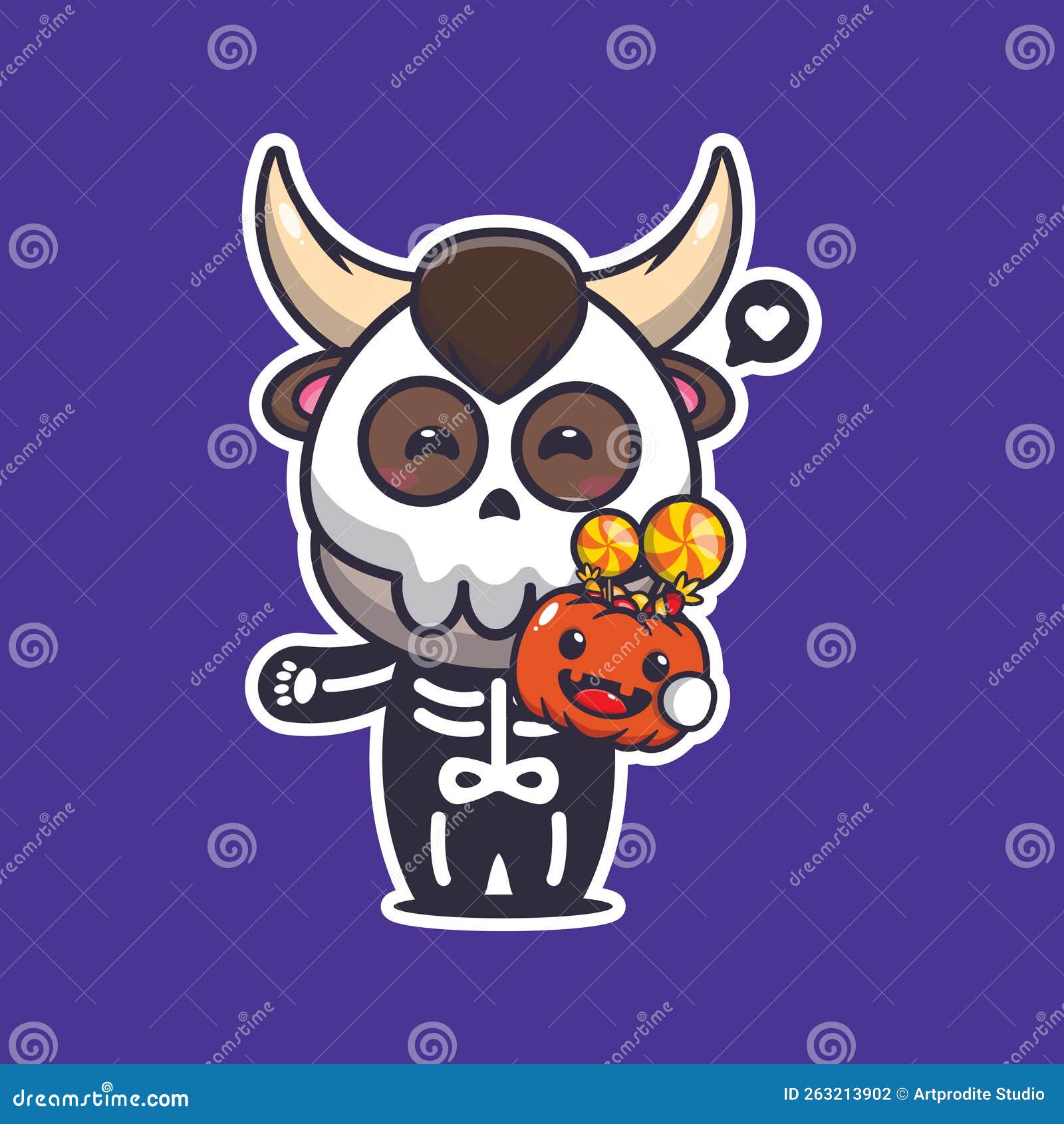 Bull with Skeleton Costume Holding Halloween Pumpkin Stock Vector ...