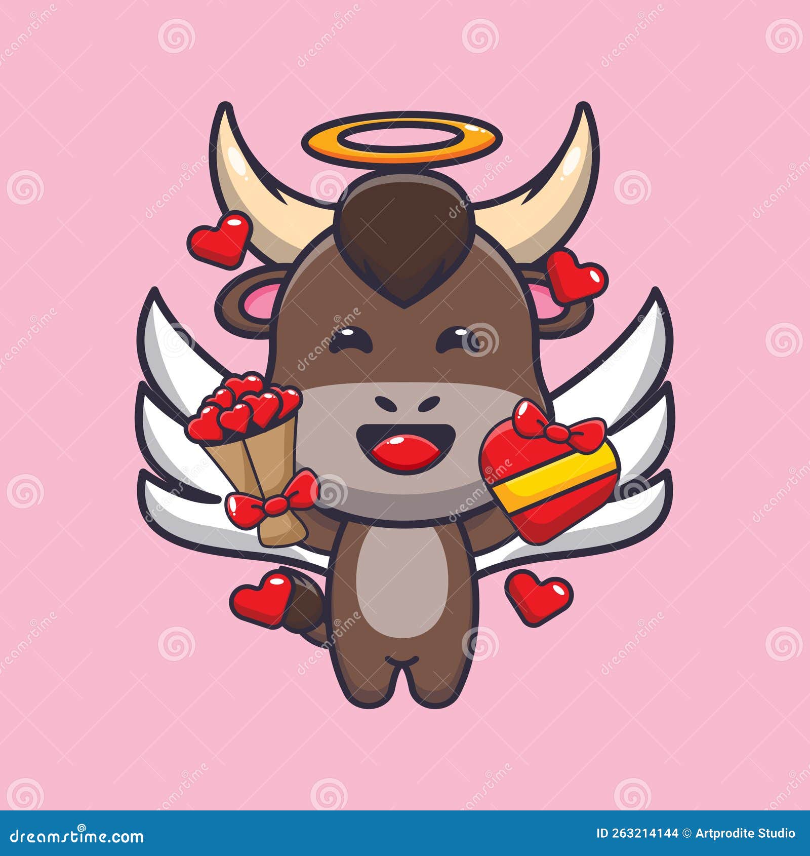 Cute Cupid Bull Cartoon Character Holding Love Gift and Love Bouquet ...
