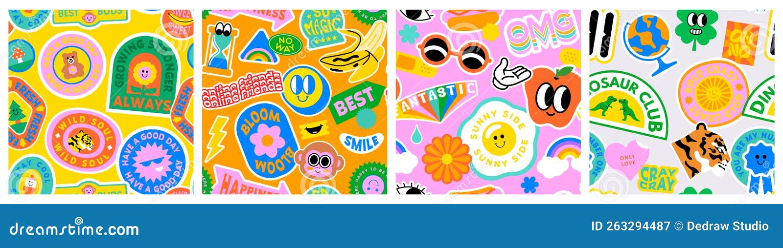 Colorful Retro Cartoon Label Seamless Pattern Set Stock Vector ...