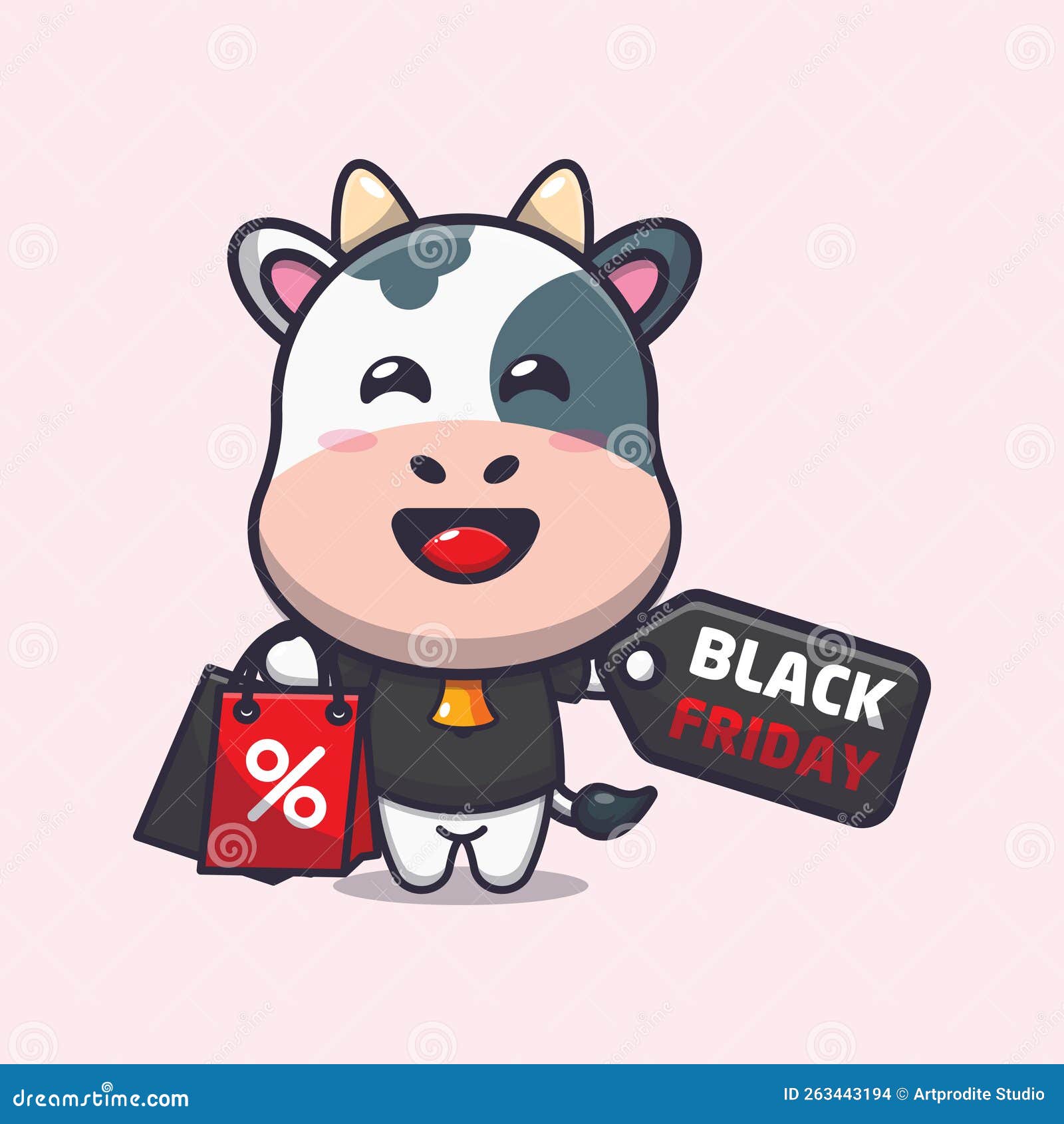 Cute Cow with Shopping Bag and Black Friday Sale Discount. Stock Vector ...
