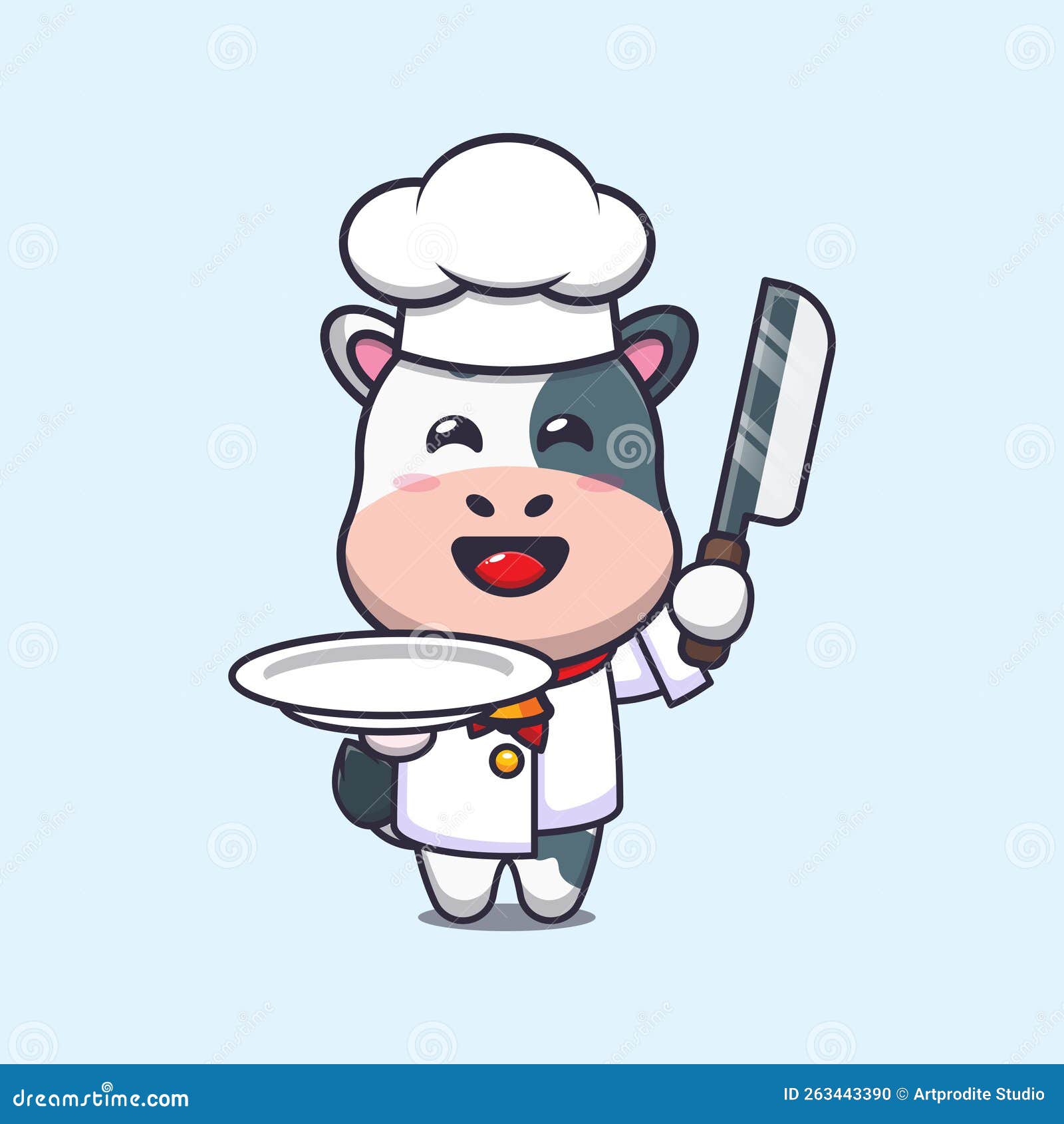 Cute Chef Cow Mascot Cartoon Character with Knife and Plate. Stock ...