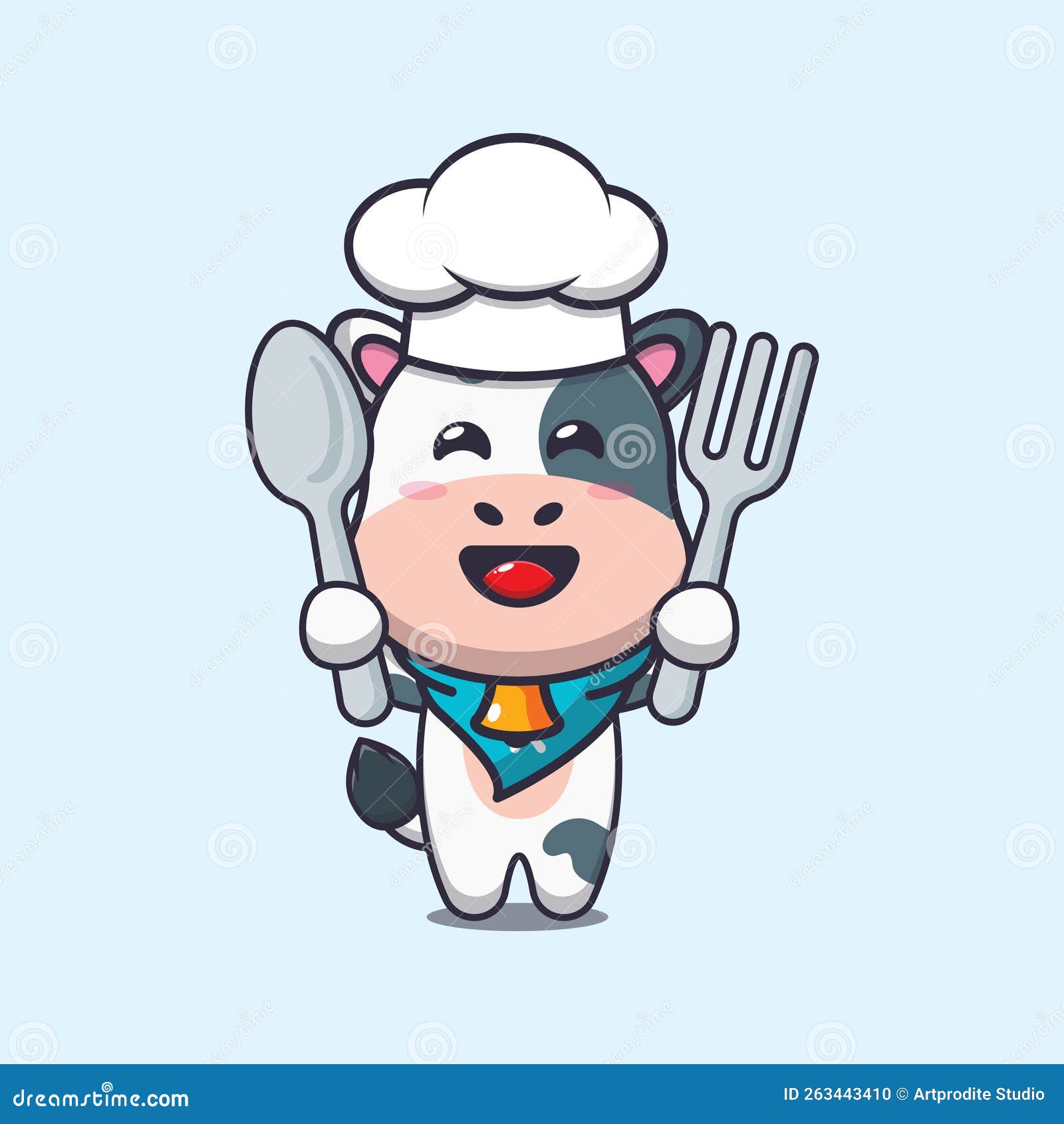 Cute Chef Cow Mascot Cartoon Character Holding Spoon and Fork. Stock ...