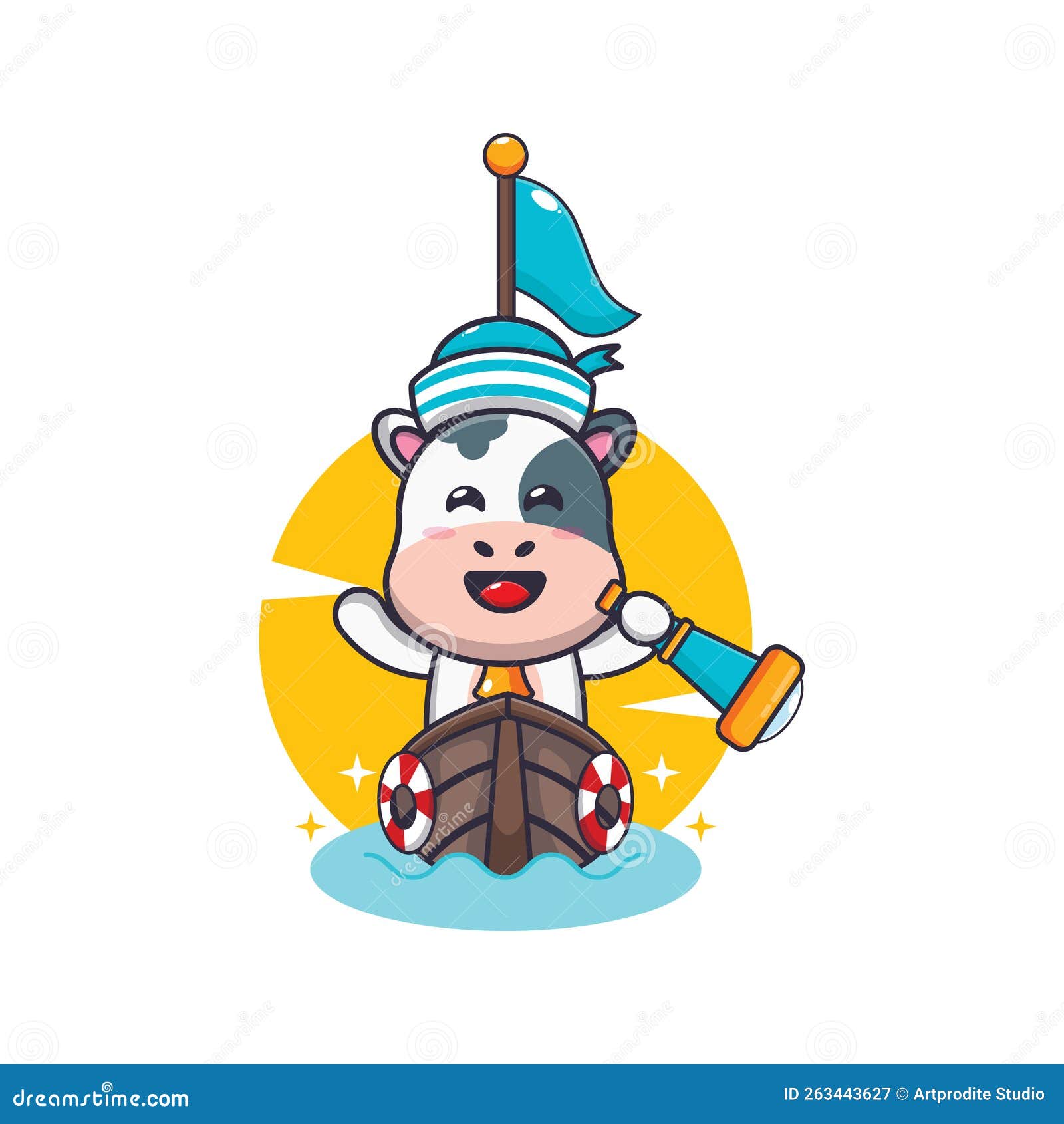 Cute Cow Mascot Cartoon Character on the Boat. Stock Vector ...