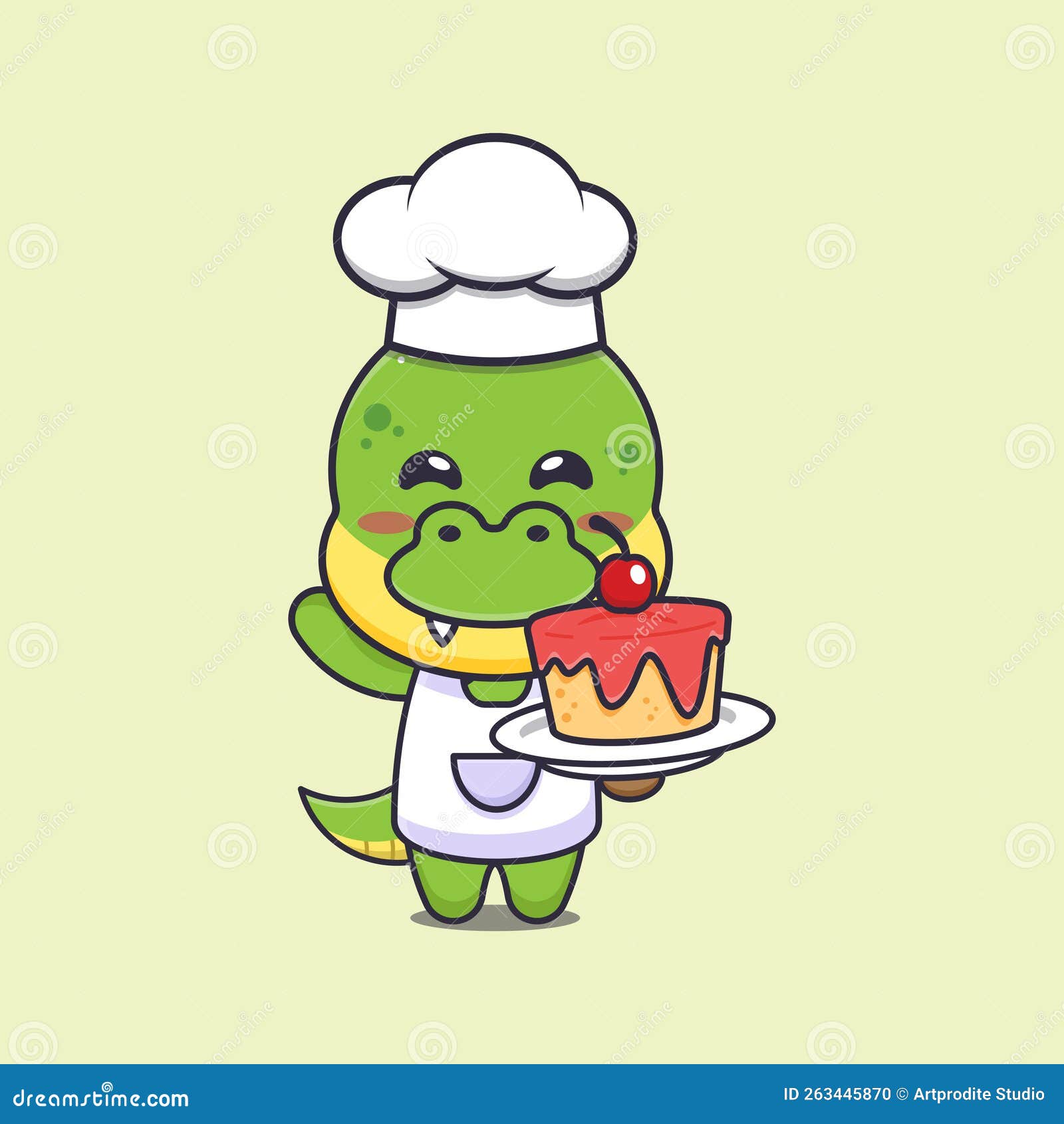 Cute Chef Dino Mascot Cartoon Character with Cake. Stock Vector ...