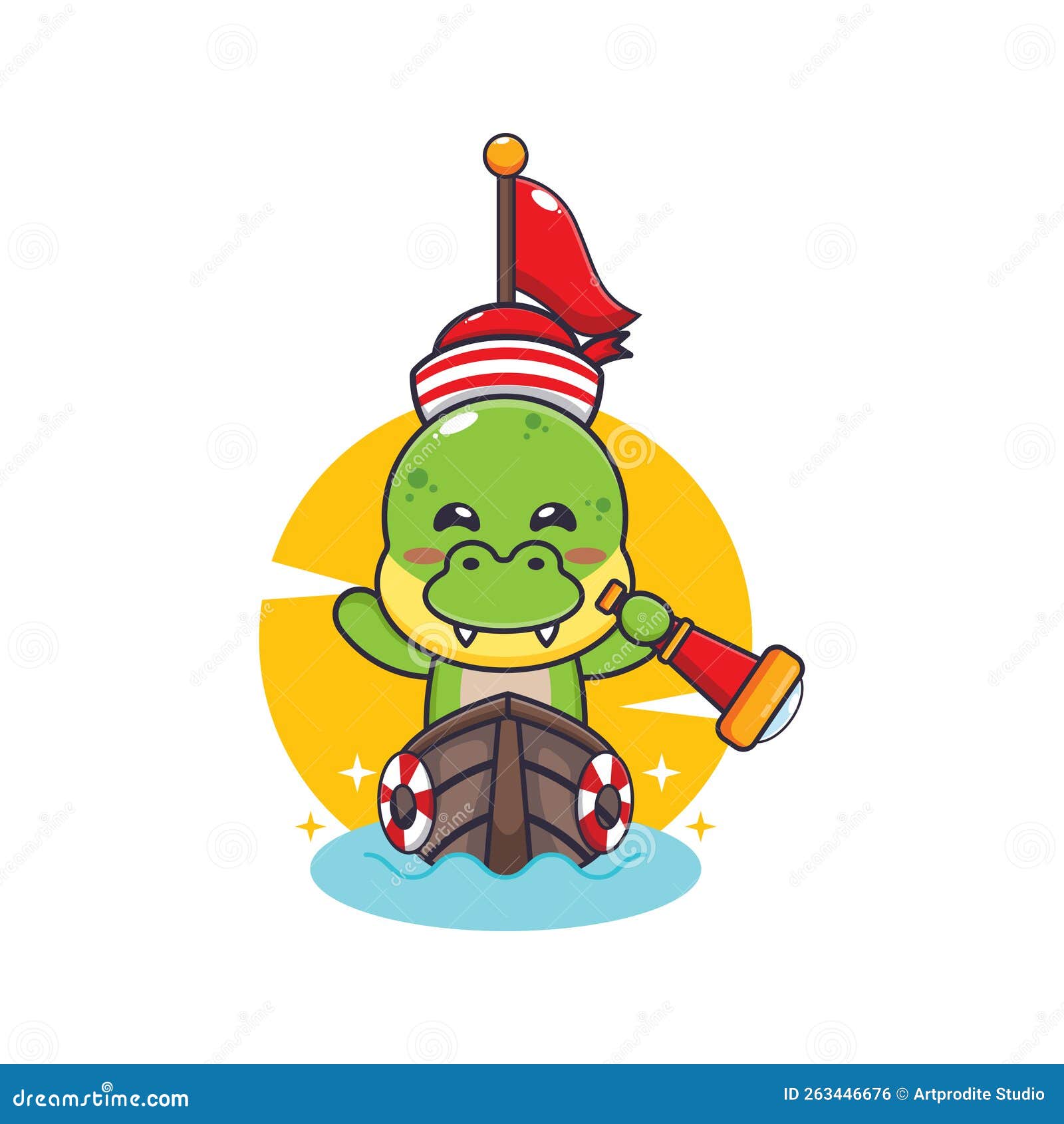 Cute Dino Mascot Cartoon Character on the Boat. Stock Vector ...