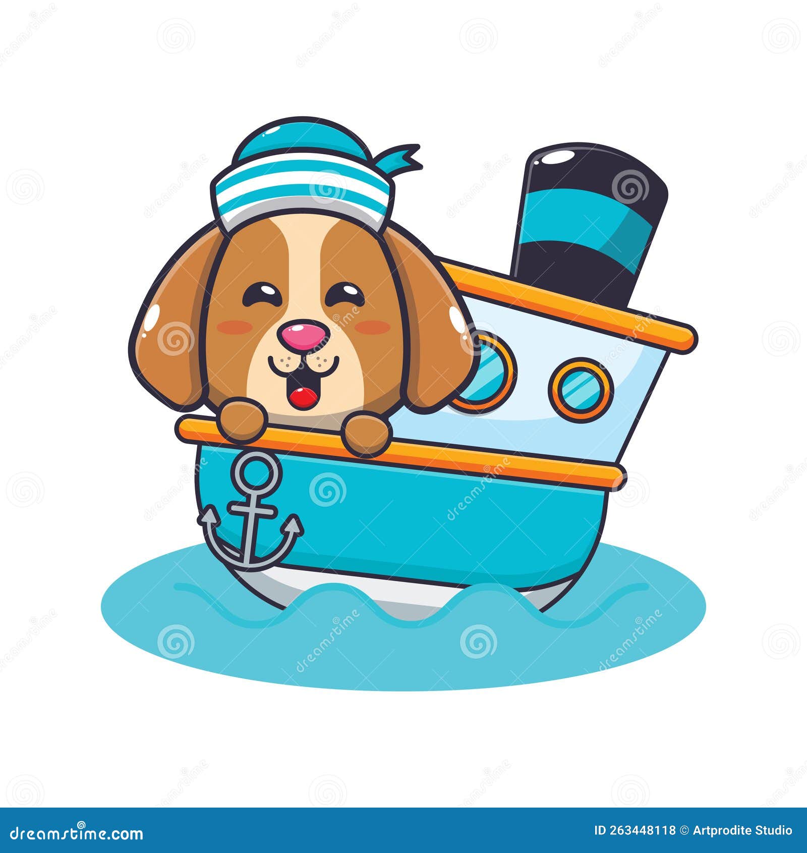 Cute Dog Mascot Cartoon Character on the Ship. Stock Vector ...