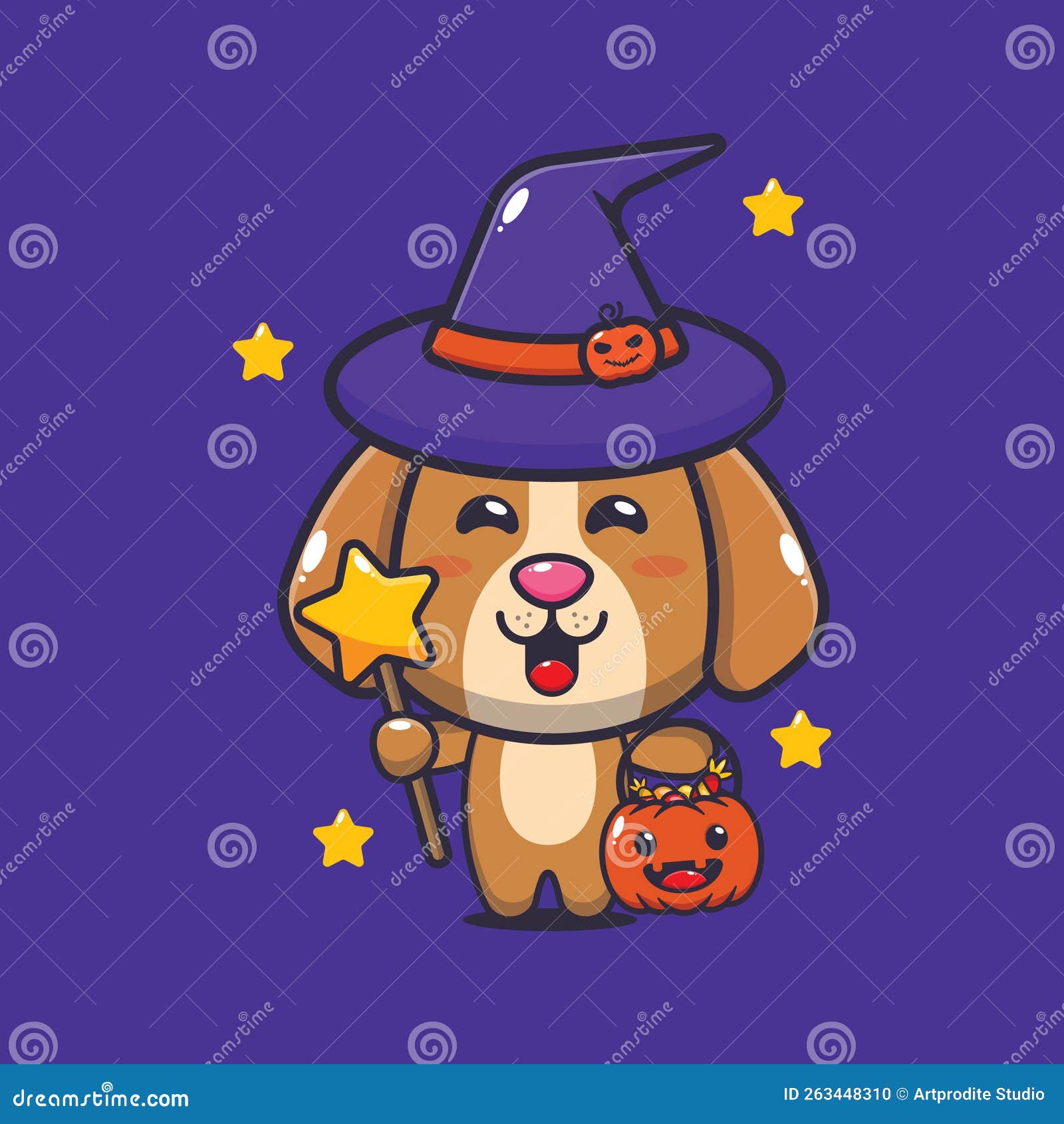 Witch Dog in Halloween Day. Cute Halloween Cartoon Illustration Stock ...