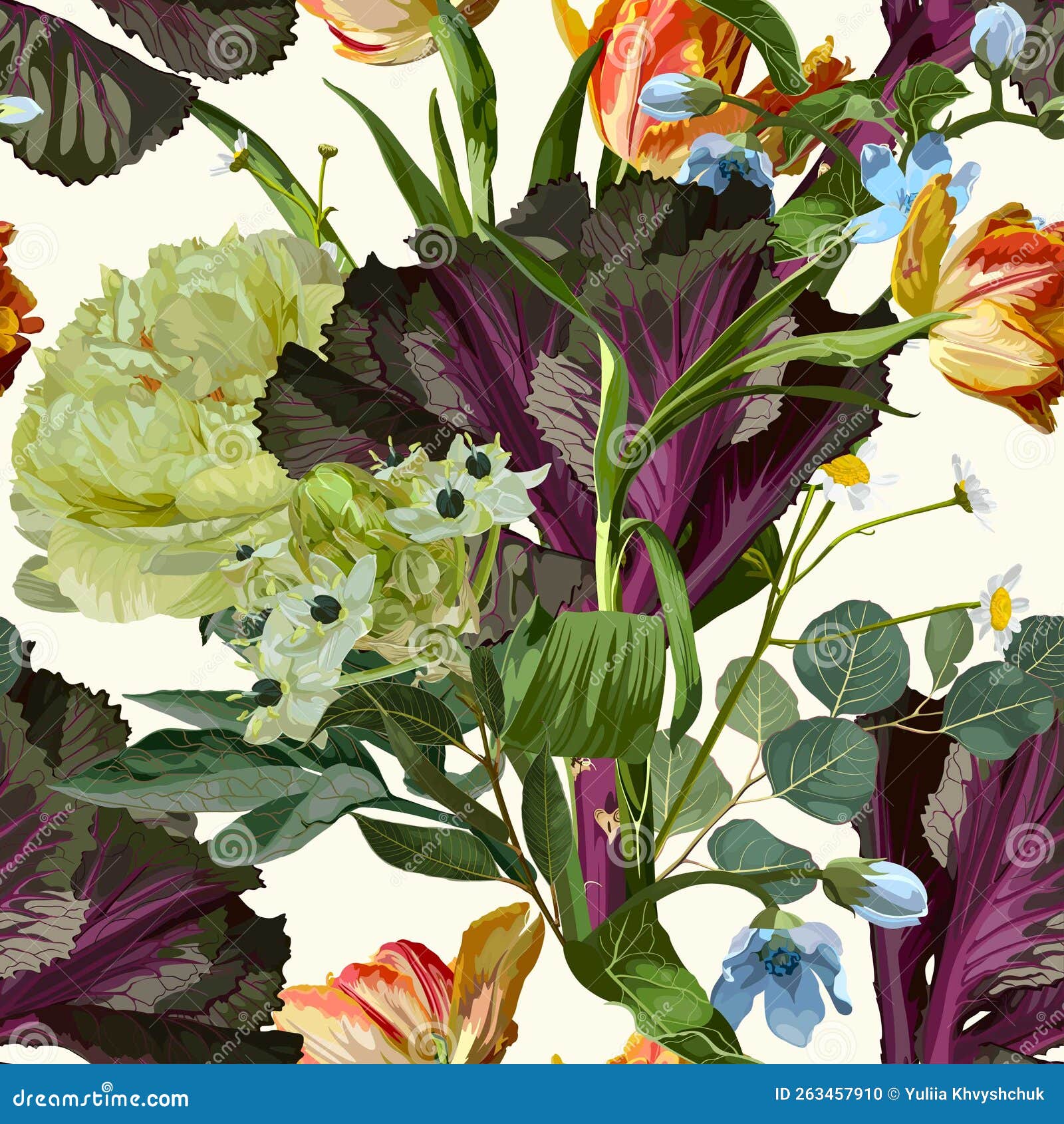 Seamless Pattern with Hand Drawn Colored Decorative Cabbage and Garden ...