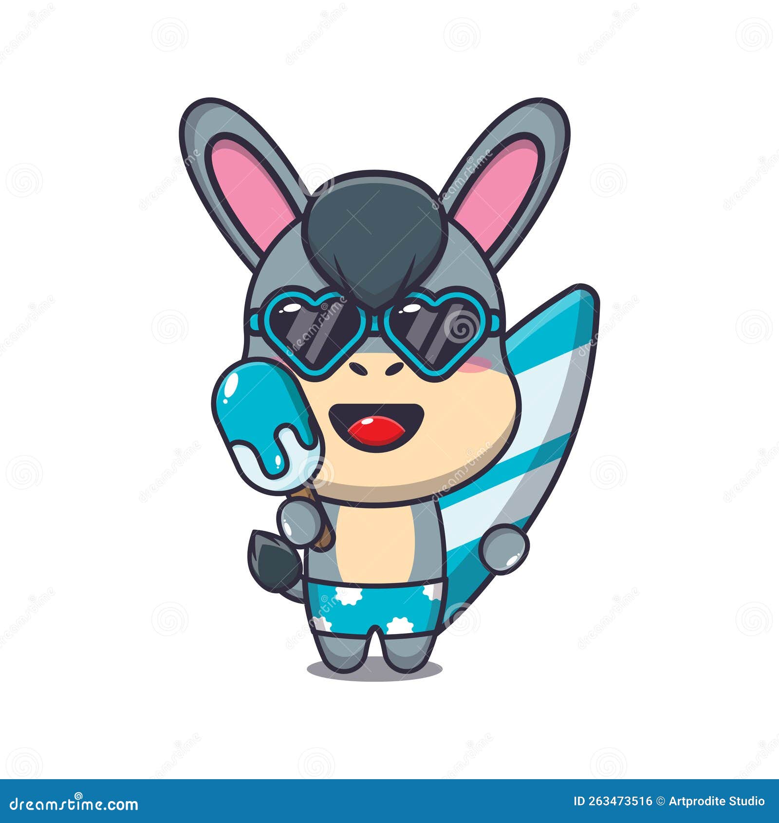Cute Donkey with Surfboard Holding Ice Cartoon Illustration. Stock ...
