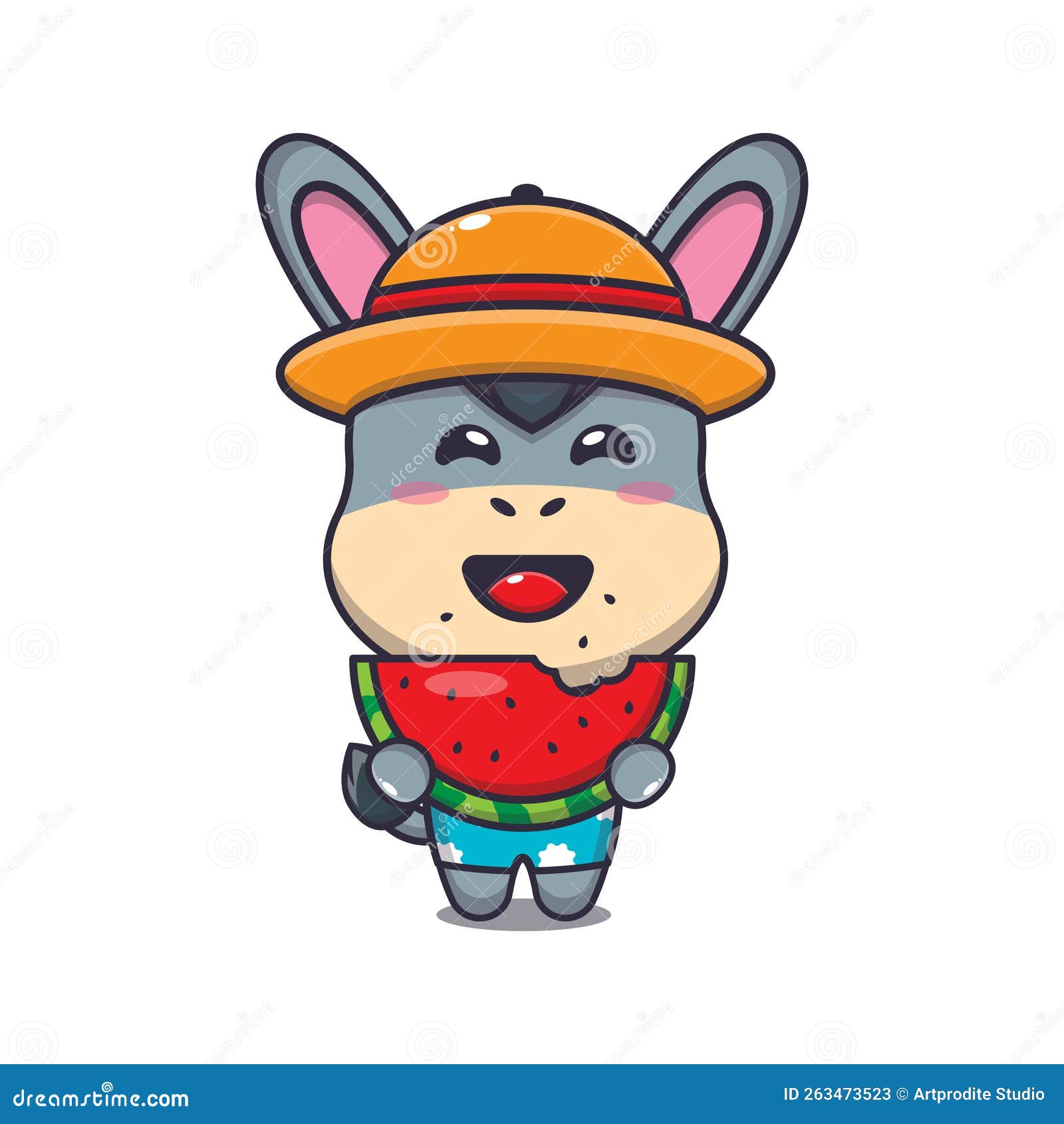 Cute Donkey Eating Fresh Watermelon Cartoon Illustration. Stock Vector ...