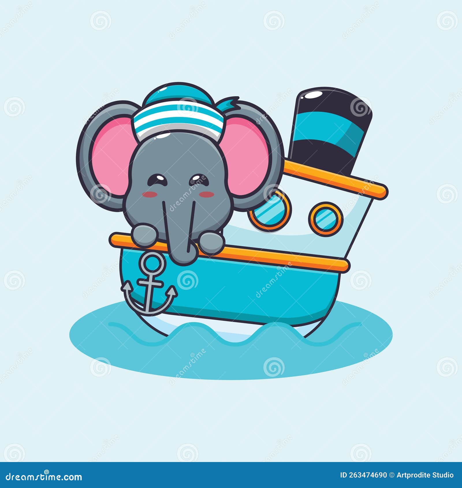 Cute Elephant Mascot Cartoon Character on the Ship. Stock Vector ...