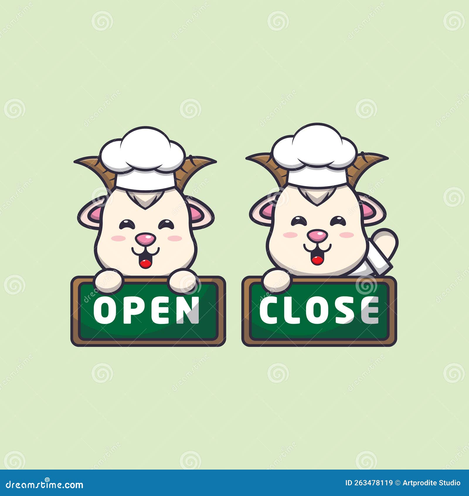Cute Chef Goat Mascot Cartoon Character with Open and Close Board ...