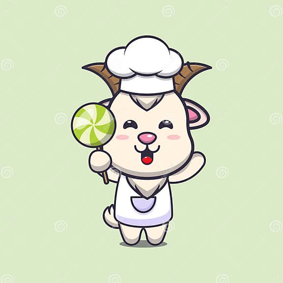 Cute Chef Goat Mascot Cartoon Character Holding Candy. Stock Vector ...